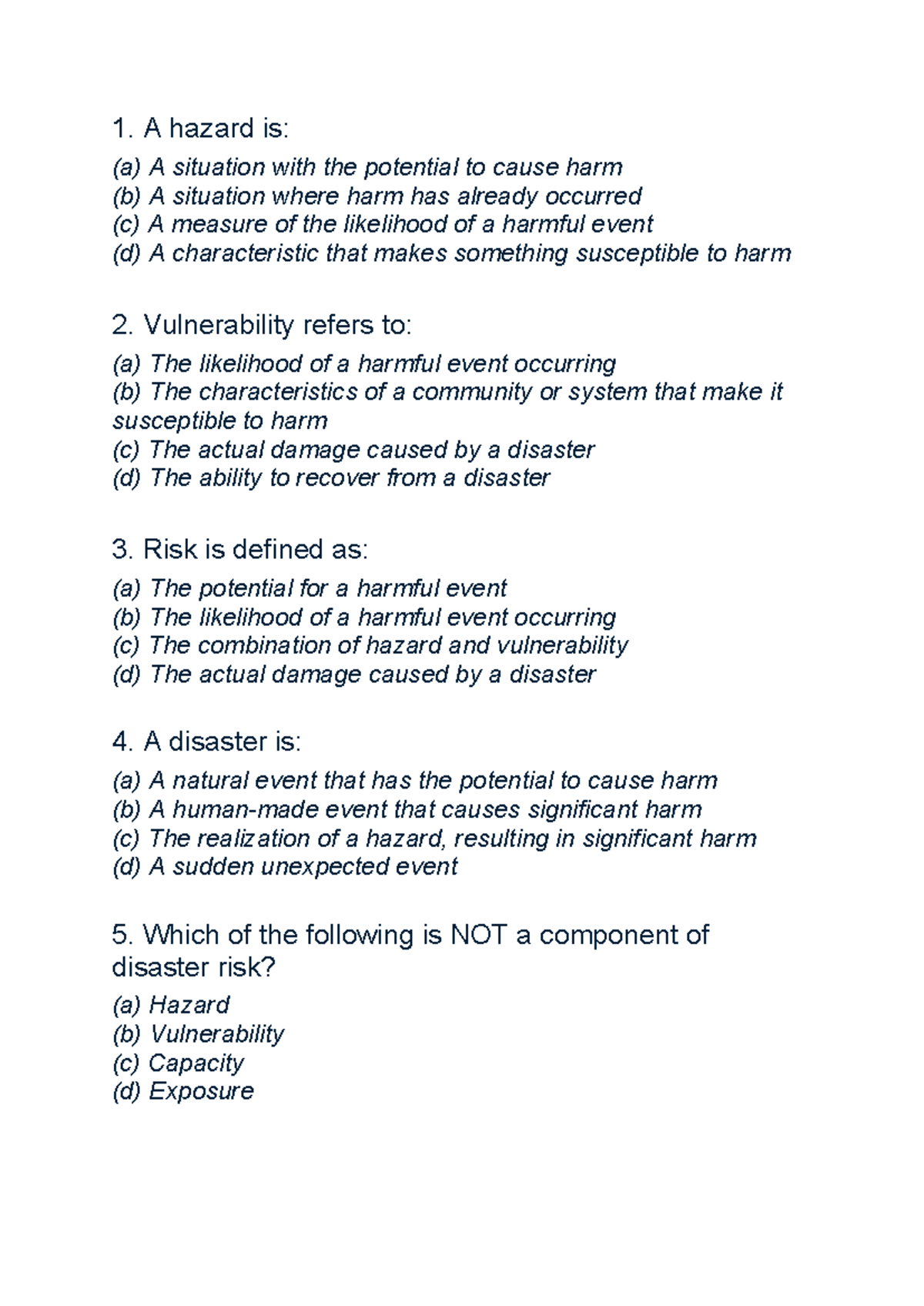 Disaster Management Quiz (DM101) - Key Concepts and Definitions - Studocu