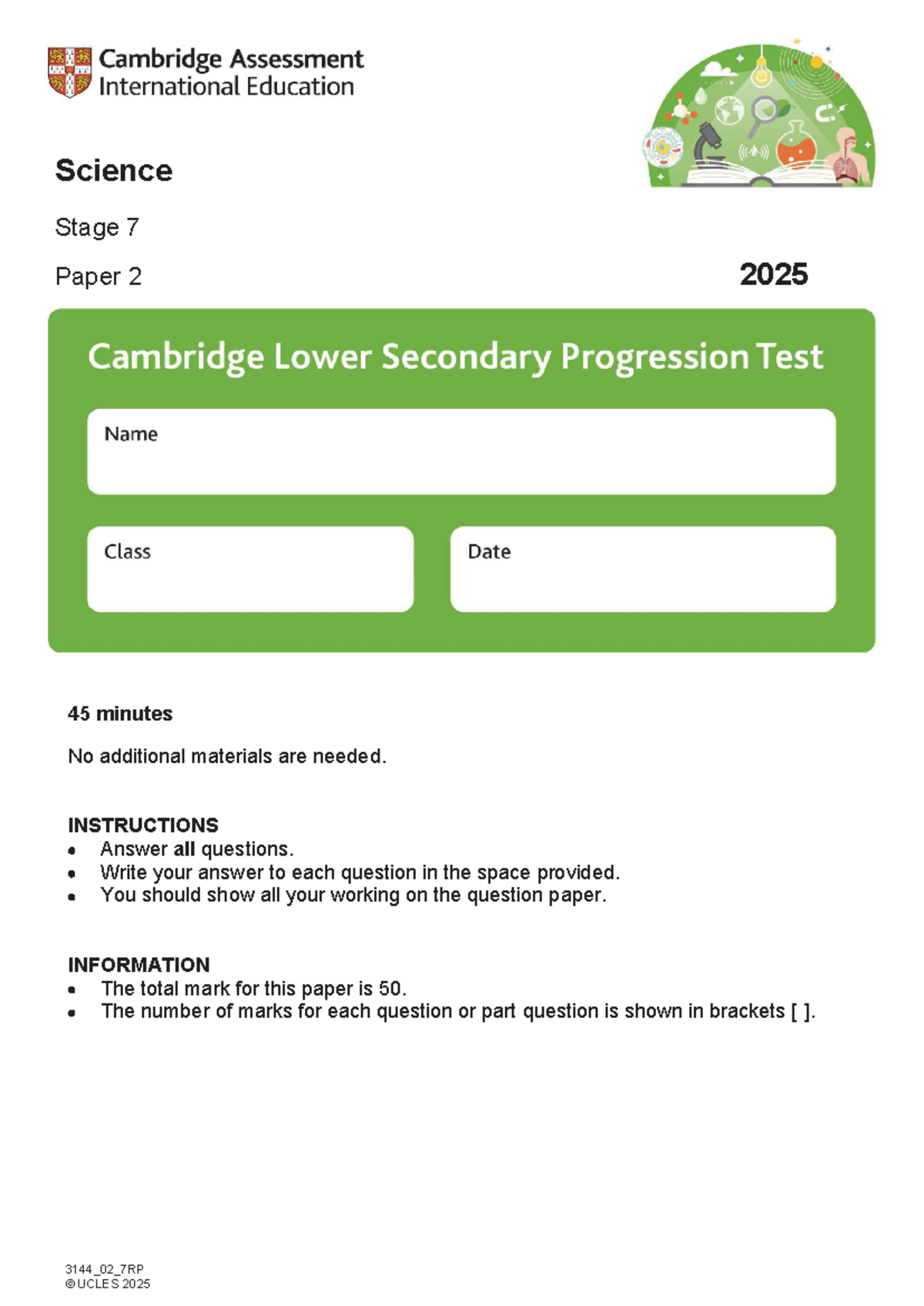 Science Stage 7 Past Paper 2 (2025) - 45 Min Test - Studocu