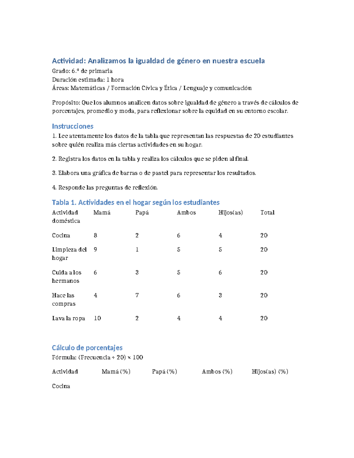 Actividad: Análisis de Igualdad de Género en 6.º de Primaria - Studocu