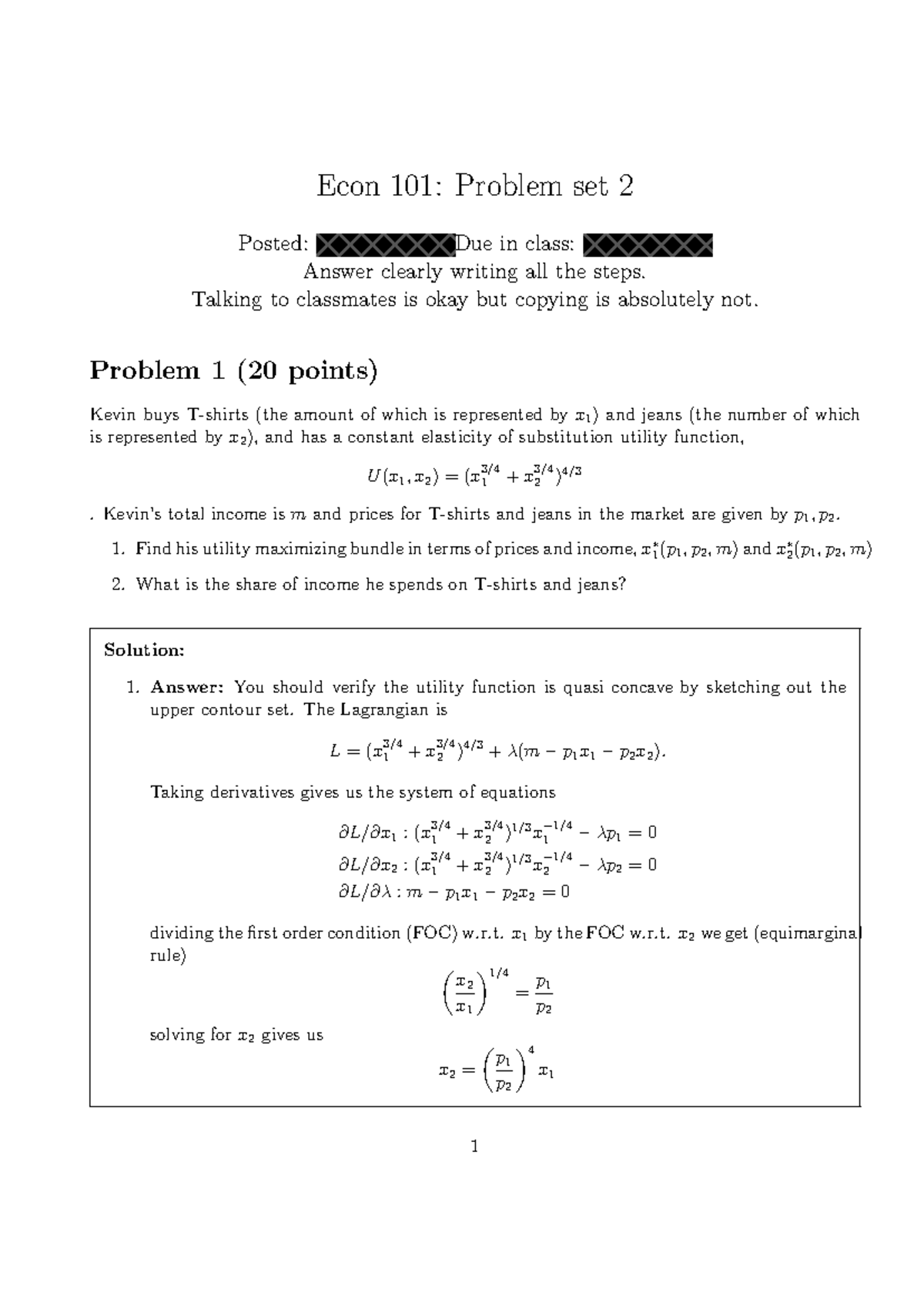 Pset 2 econ 101 Solution - Econ 101: Problem set 2 Posted: Due in class ...
