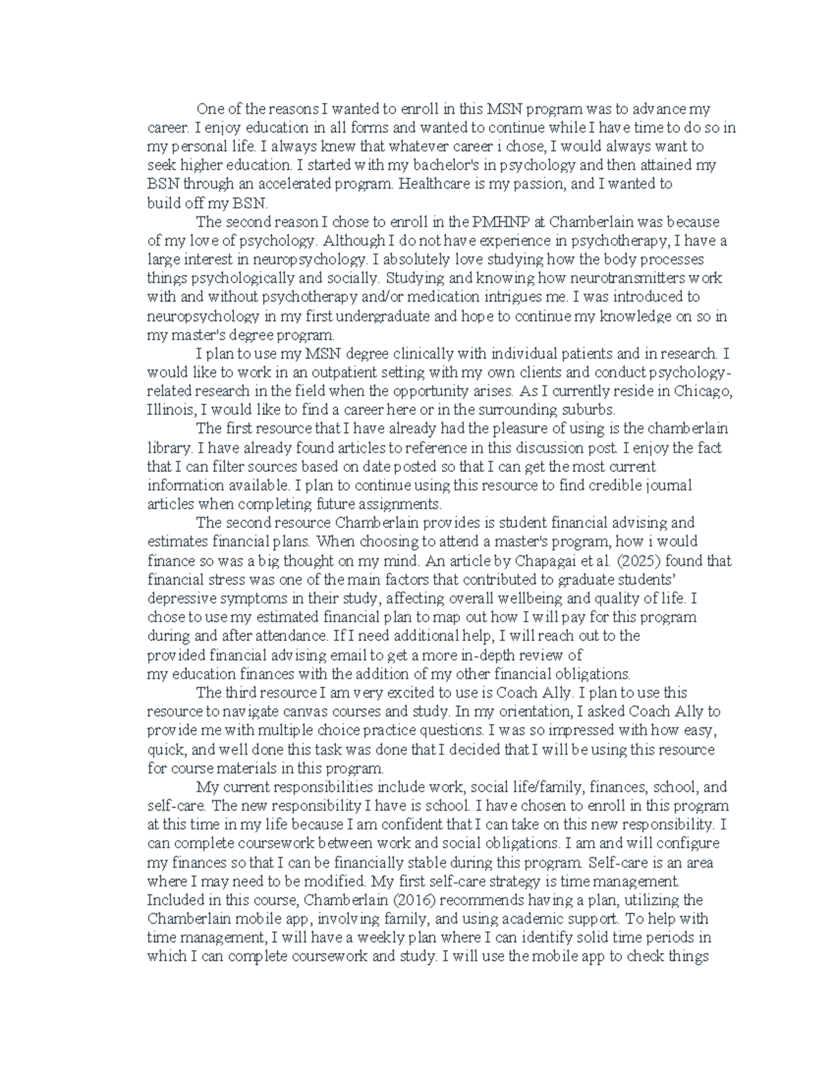 Discussion Post 1: My Journey in the MSN PMHNP Program at Chamberlain ...