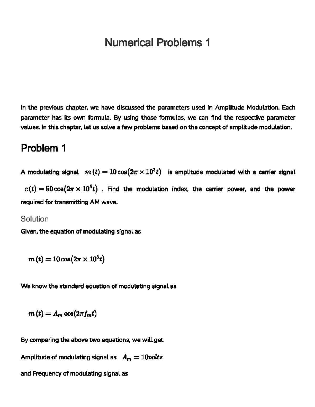 Numerical Problems in Amplitude Modulation (AM) - AM 101 - Studocu