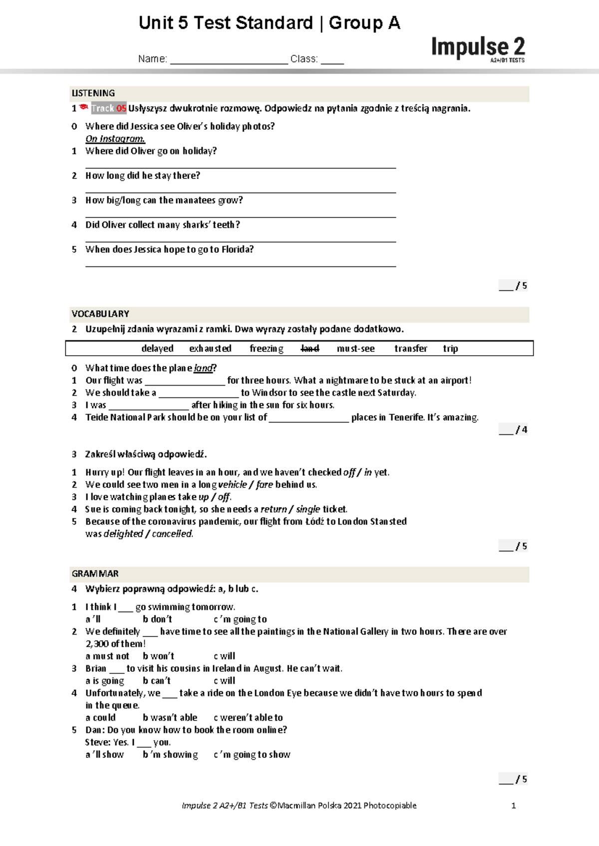 Unit 5 Test A - Modals Exam for Listening, Vocabulary, and Grammar ...