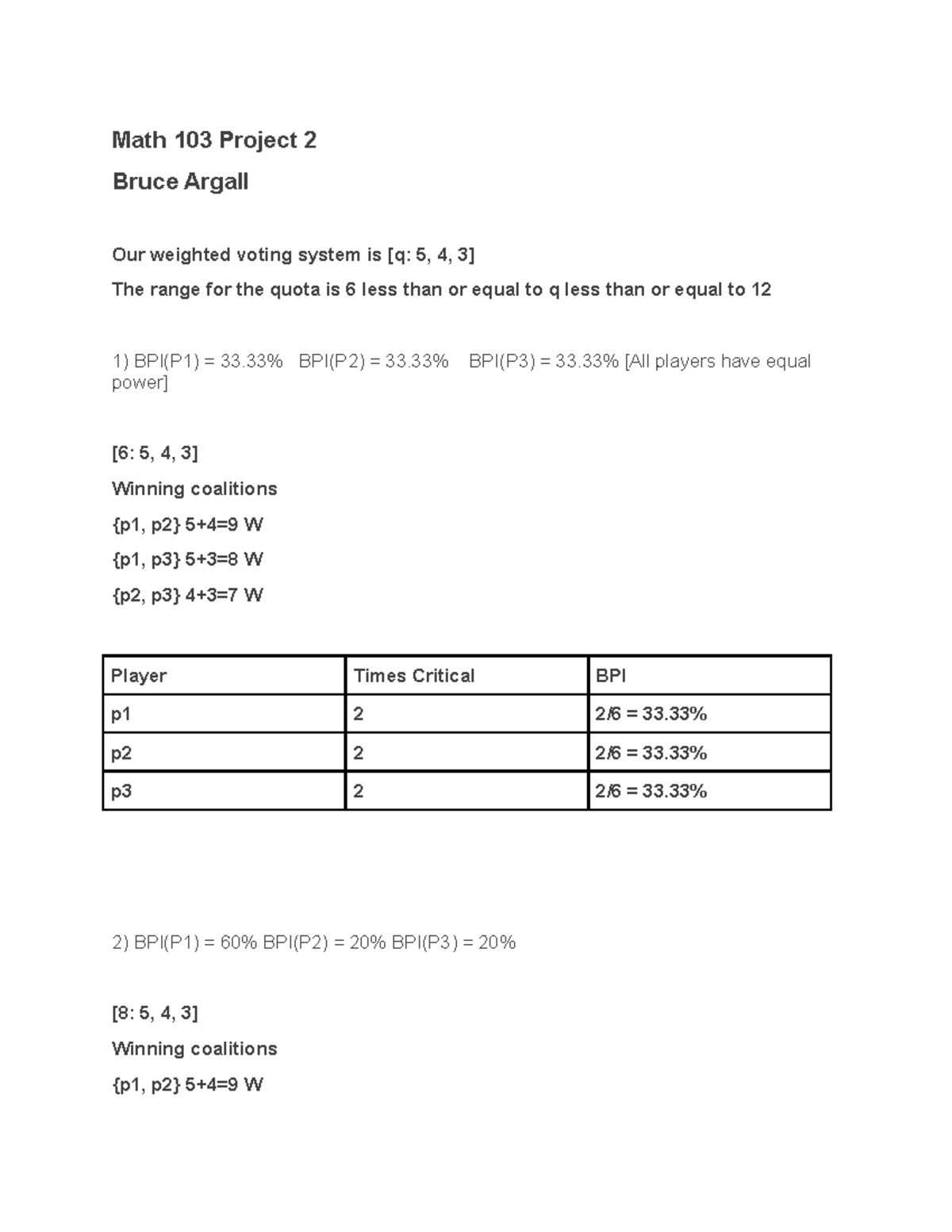 Math 103 Project 2: Analyzing Weighted Voting Systems - Studocu