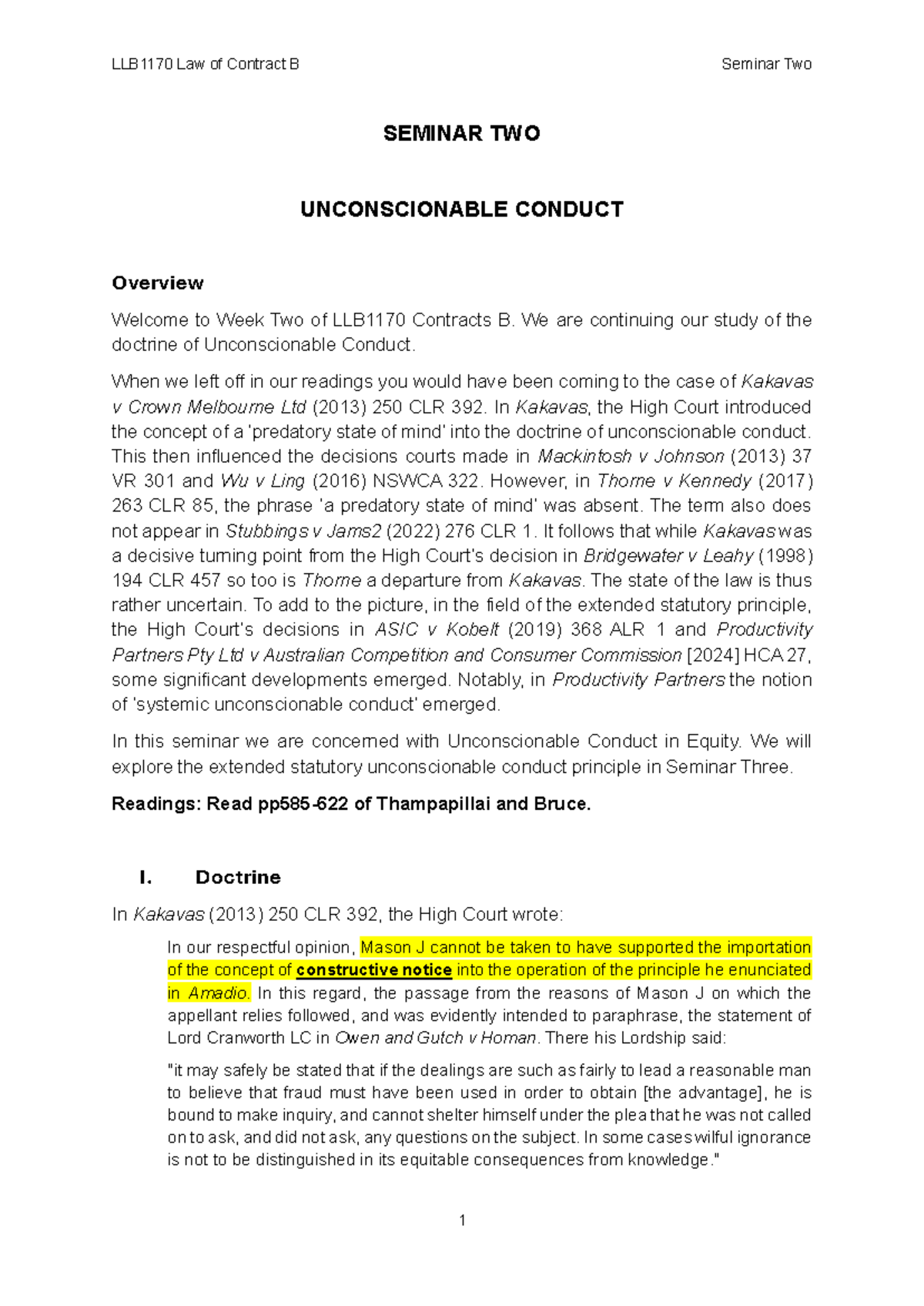 LLB1170 Seminar Two: Unconscionable Conduct Overview and Case Analysis ...