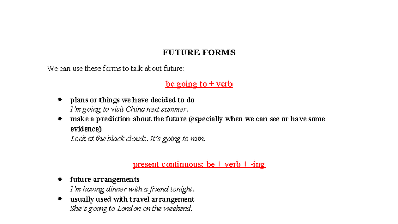 Future Forms - Grammar Overview - Studocu