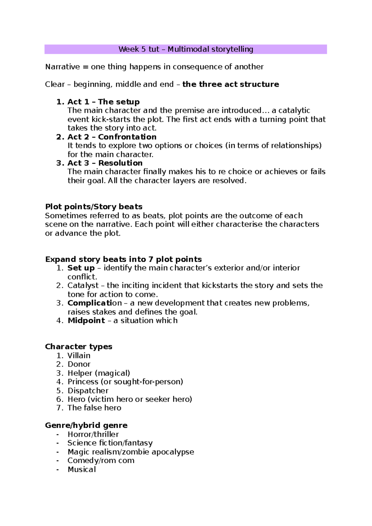 Week 5 Tut - Multimodal Storytelling & Narrative Structure Notes - Studocu