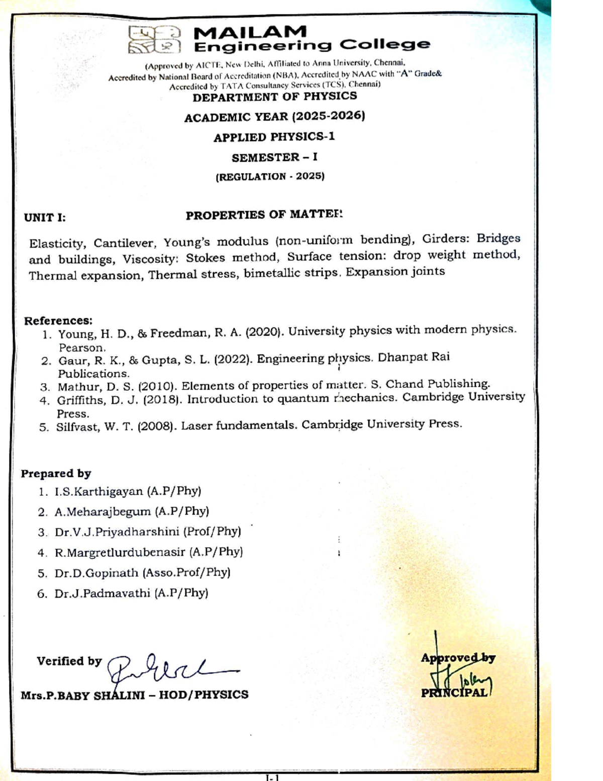 Applied Physics (AP101) Unit I: Properties of Matter and Elasticity ...