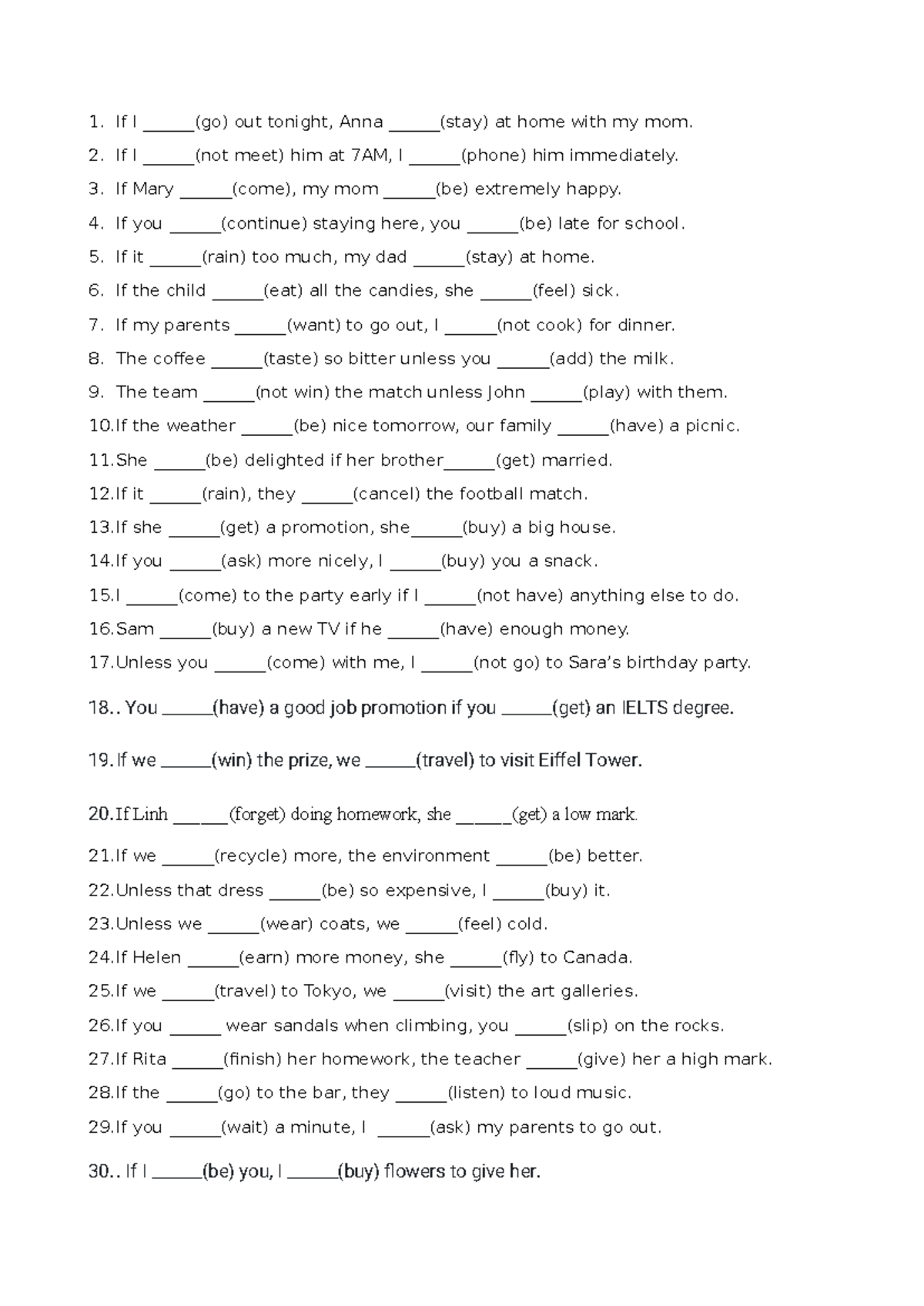 Conditional Sentences Practice - ESL 101 - Studocu