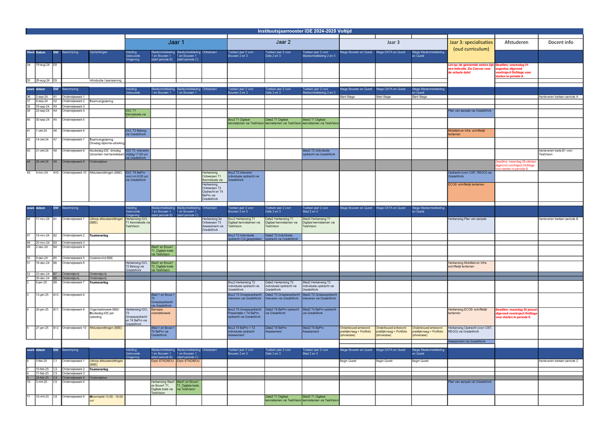 Jaarrooster IDE 2024-2025 BBE: Toetsen en Stageplanning Voltijd ...