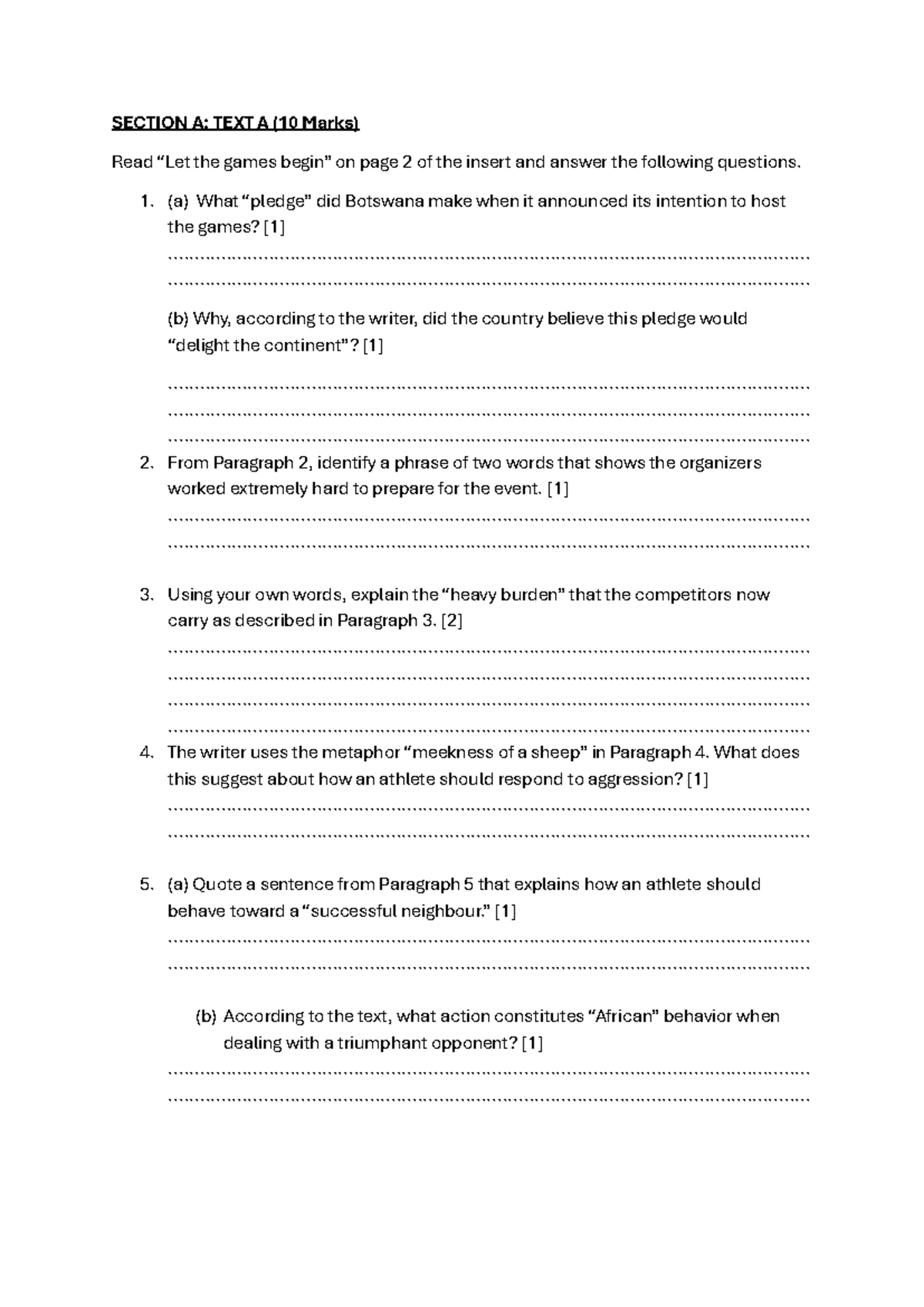 Specimen Question Paper: Games and Resilience Analysis (10 Marks) - Studocu