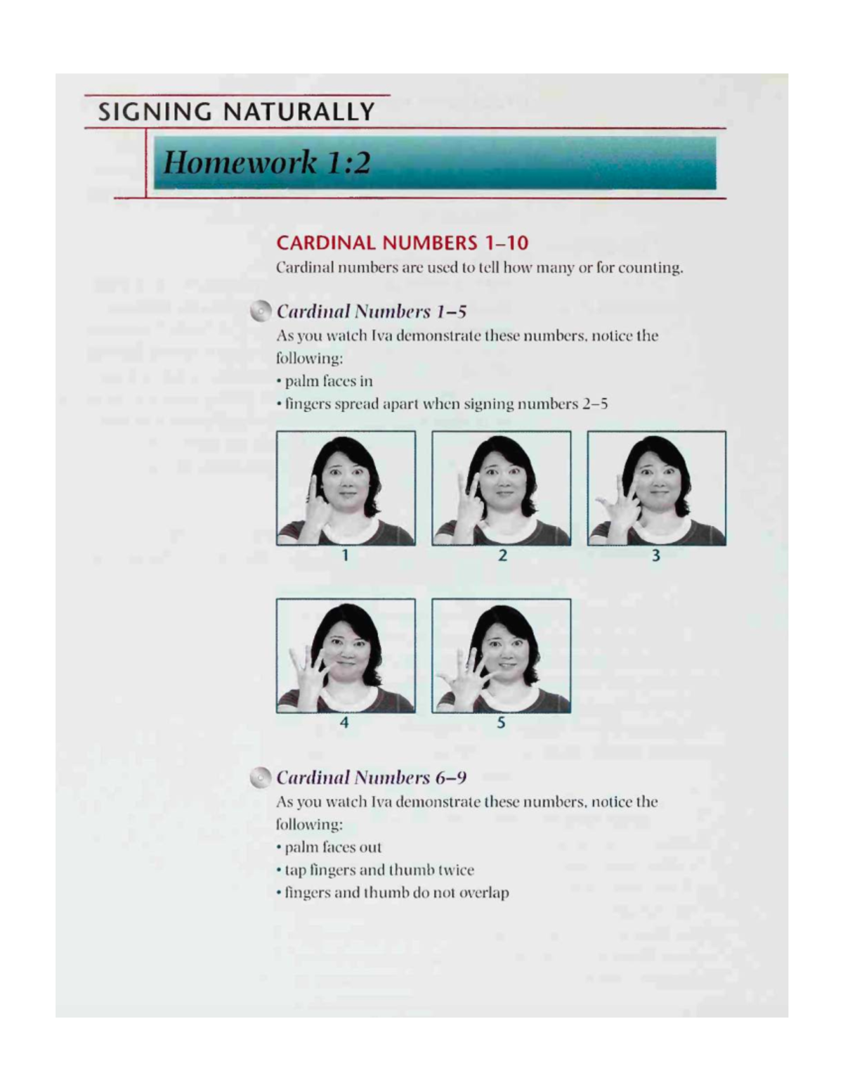 SIGNING NATURALLY HW 1:2 - Cardinal Numbers 1-5 Overview - Studocu