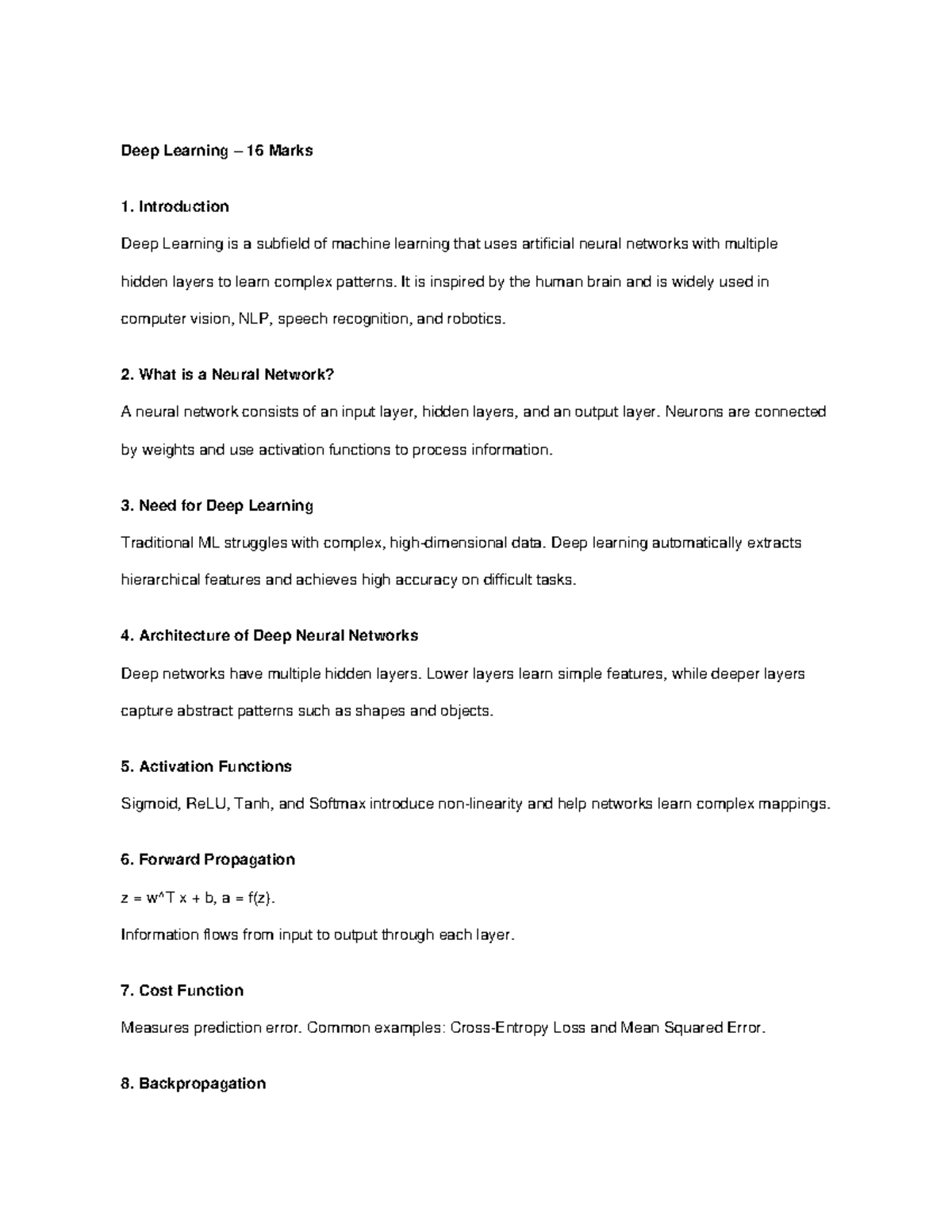 Deep Learning Notes: Key Concepts & Architecture (16 Marks) - Studocu