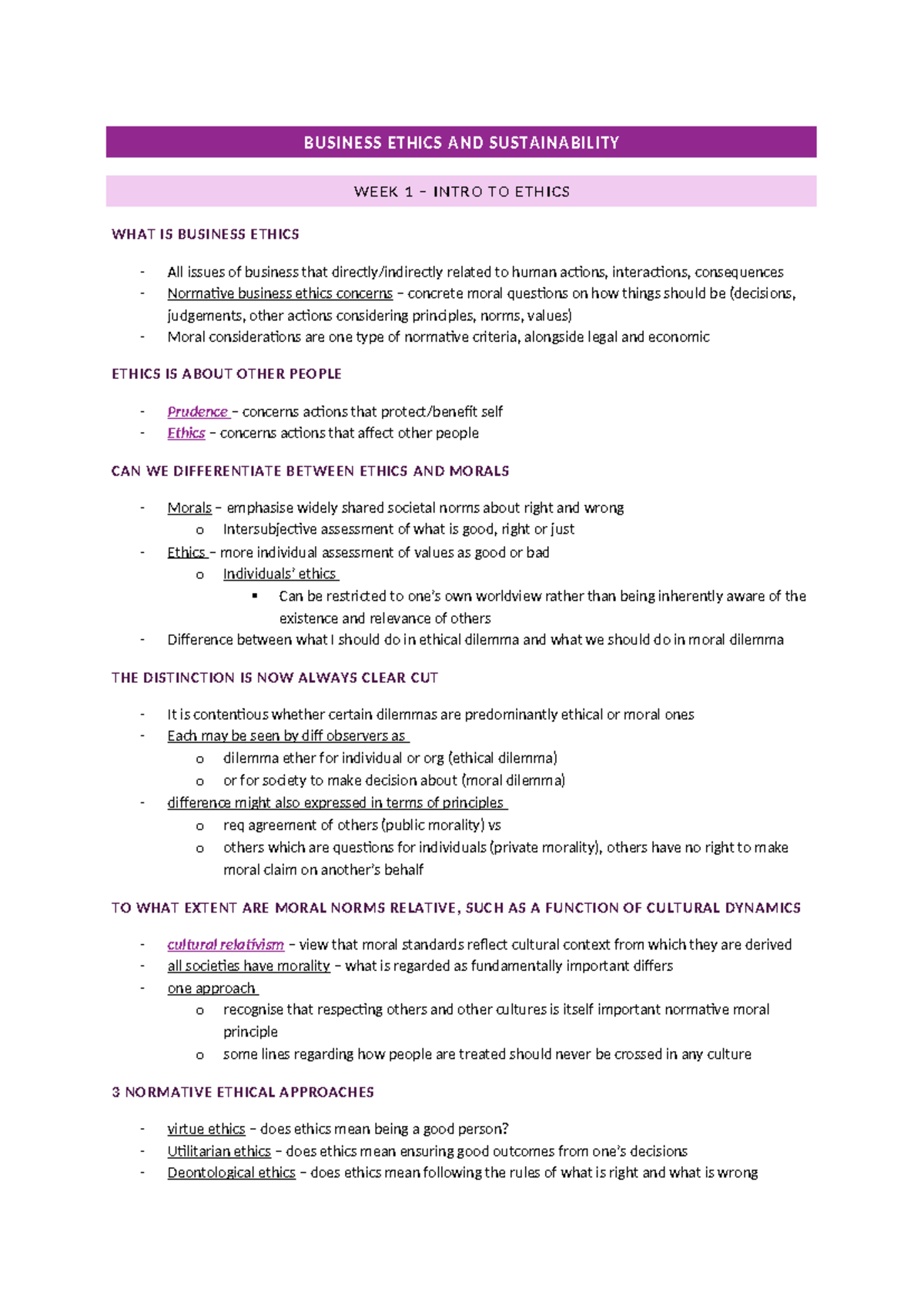 BUSINESS ETHICS AND SUSTAINABILITY LECTURE NOTES (WEEK 1) - Studocu