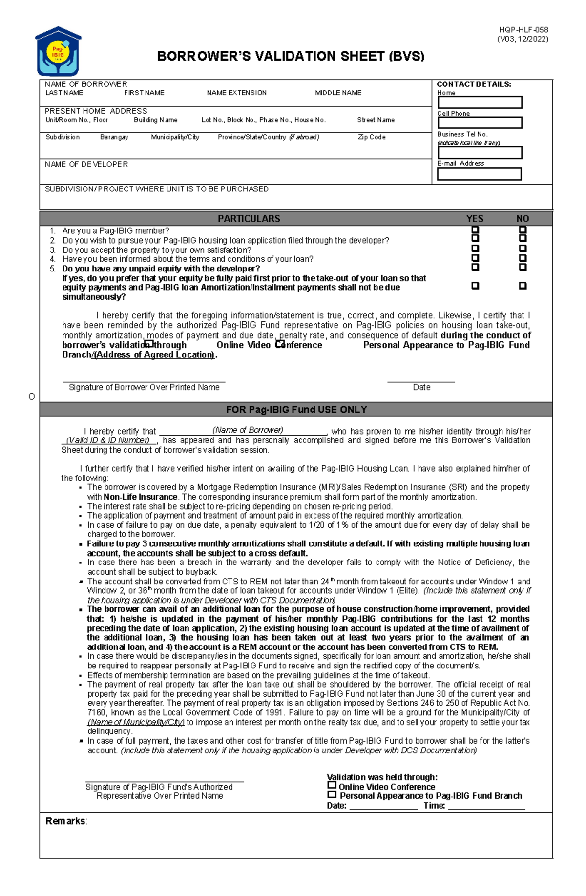 BVS Form for Pag-IBIG Housing Loan Validation (V03, 12/2022) - Studocu