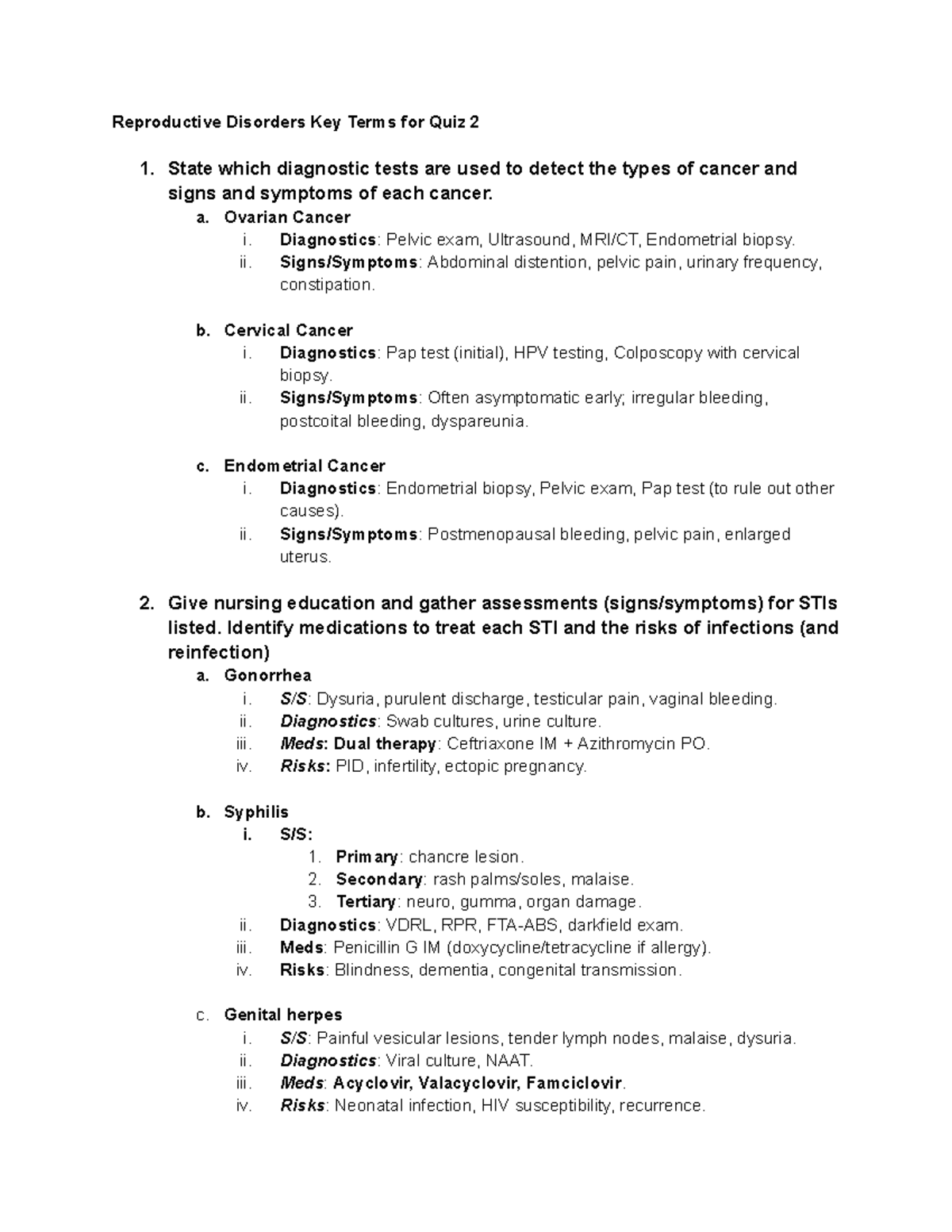 Reproductive Disorders Key Terms & Diagnostics for Quiz 2 - Studocu