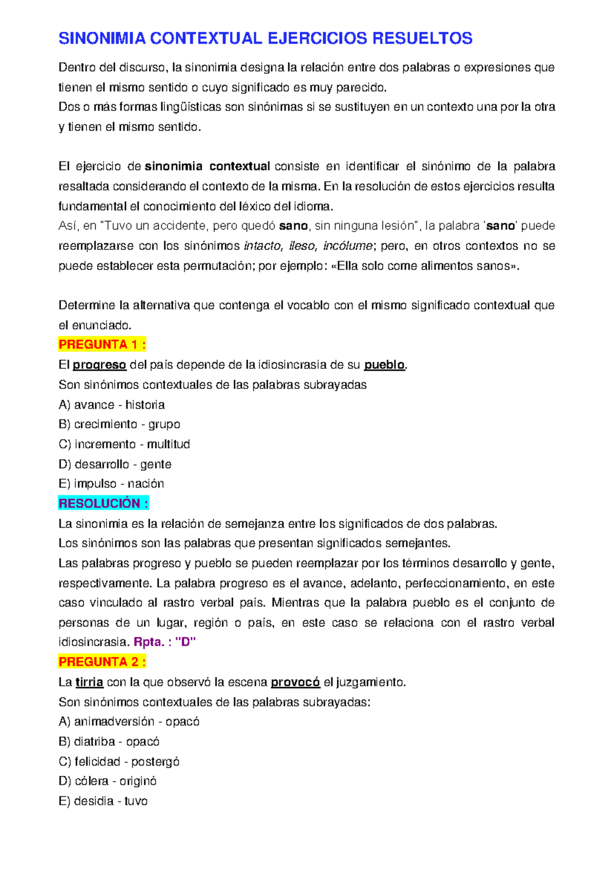 Ejercicios Resueltos de Sinonimia Contextual (Curso ESP-2023) - Studocu