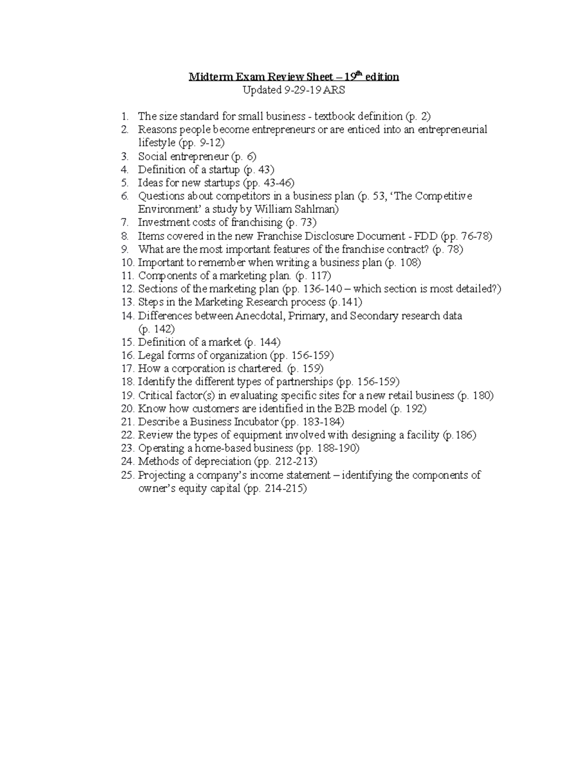 Midterm Exam Review Sheet 19th edition - Midterm Exam Review Sheet – 19 ...
