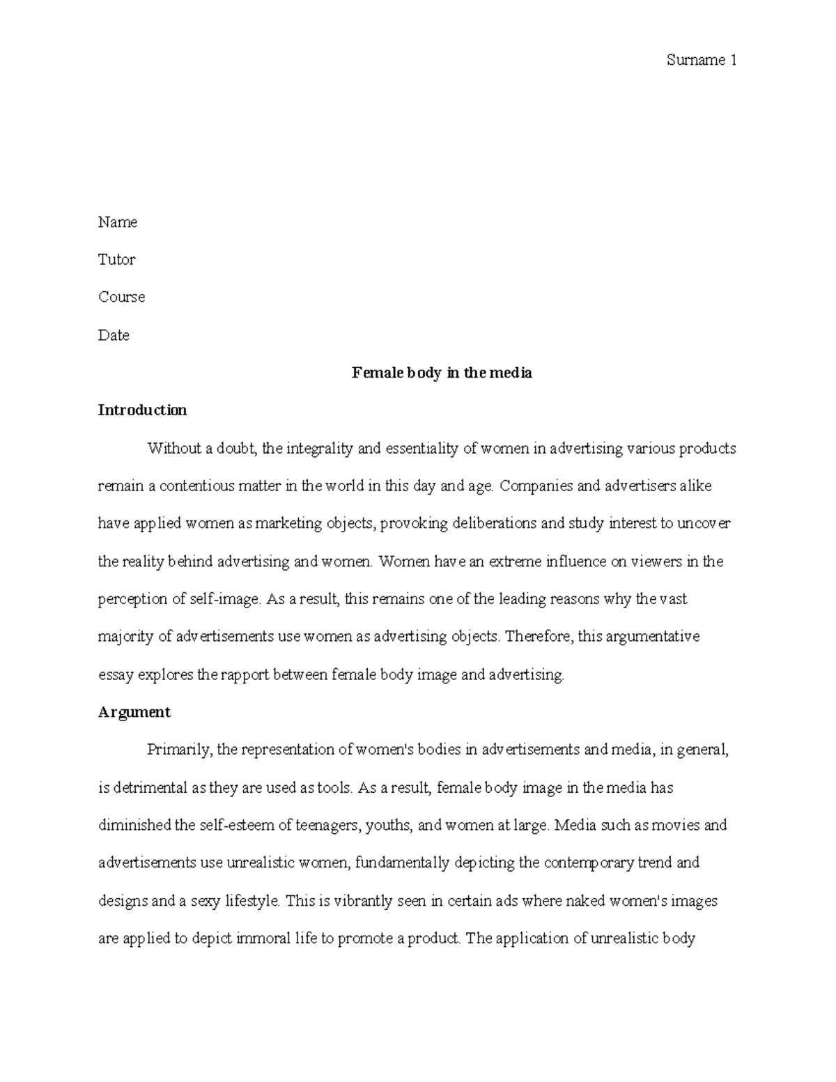 English 101 Essay: The Impact of Female Body Image in Media - Studocu