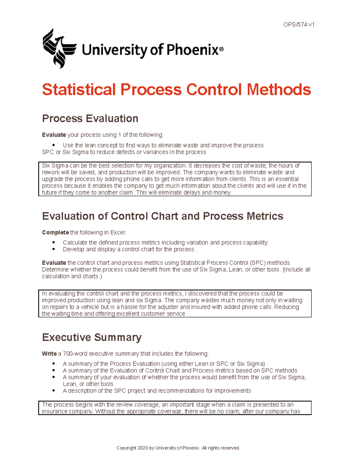OPS574 v1 wk2 SPC Methods - OPS/574 v Statistical Process Control Methods Process Evaluation ...