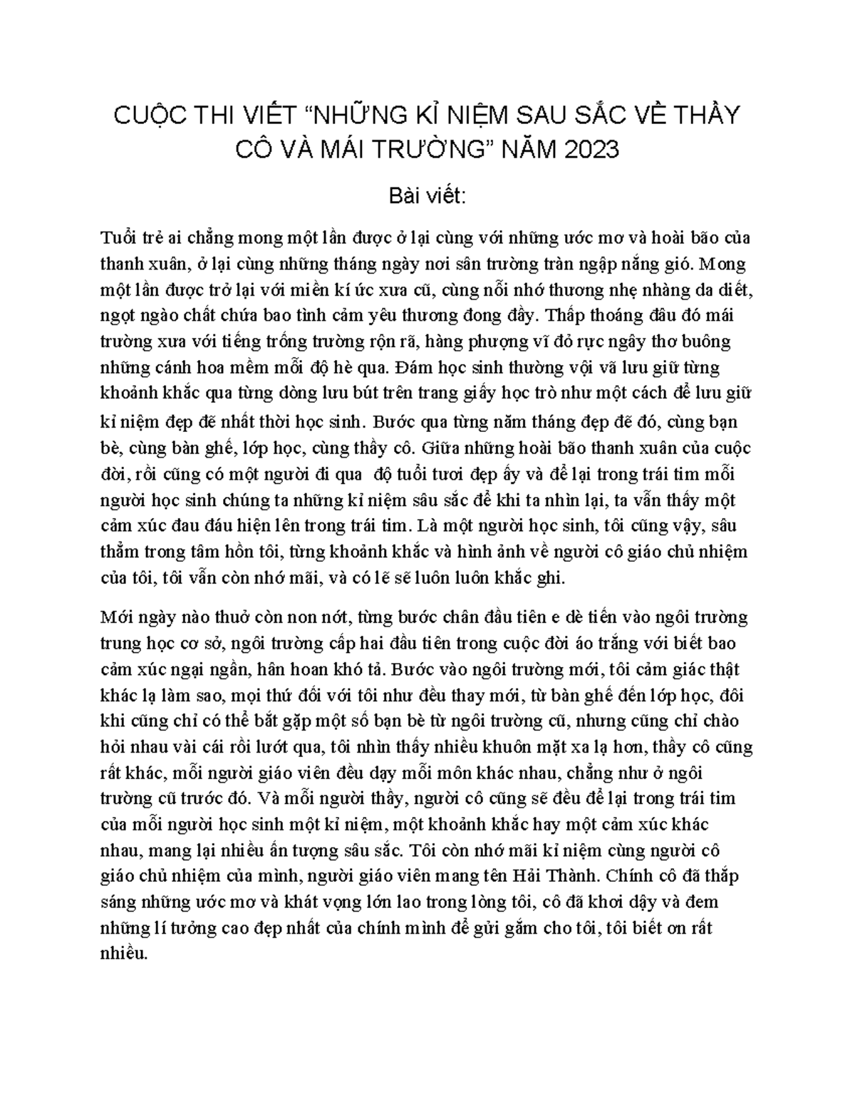 Bài Dự Thi Viết Kỷ Niệm Về Thầy Cô - NO LSIN 2023 - Studocu