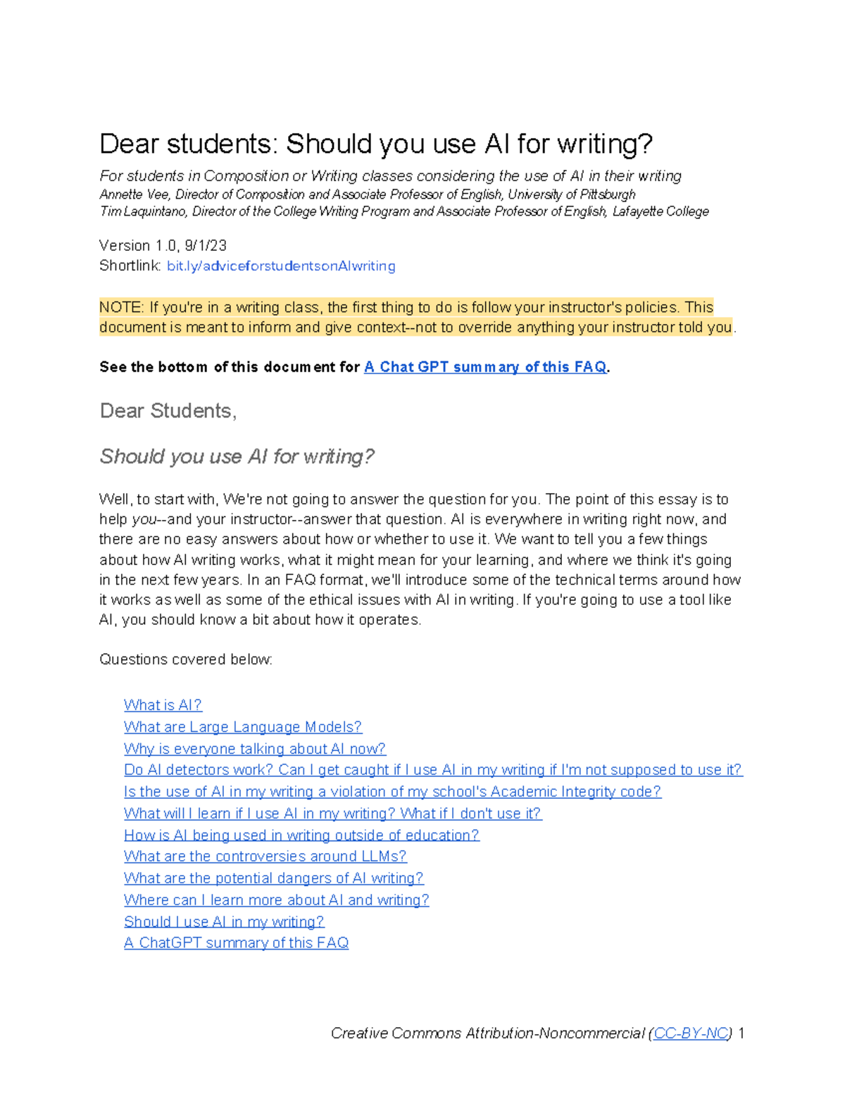 AI Writing Guidance: Navigating Use in Composition Classes - Studocu