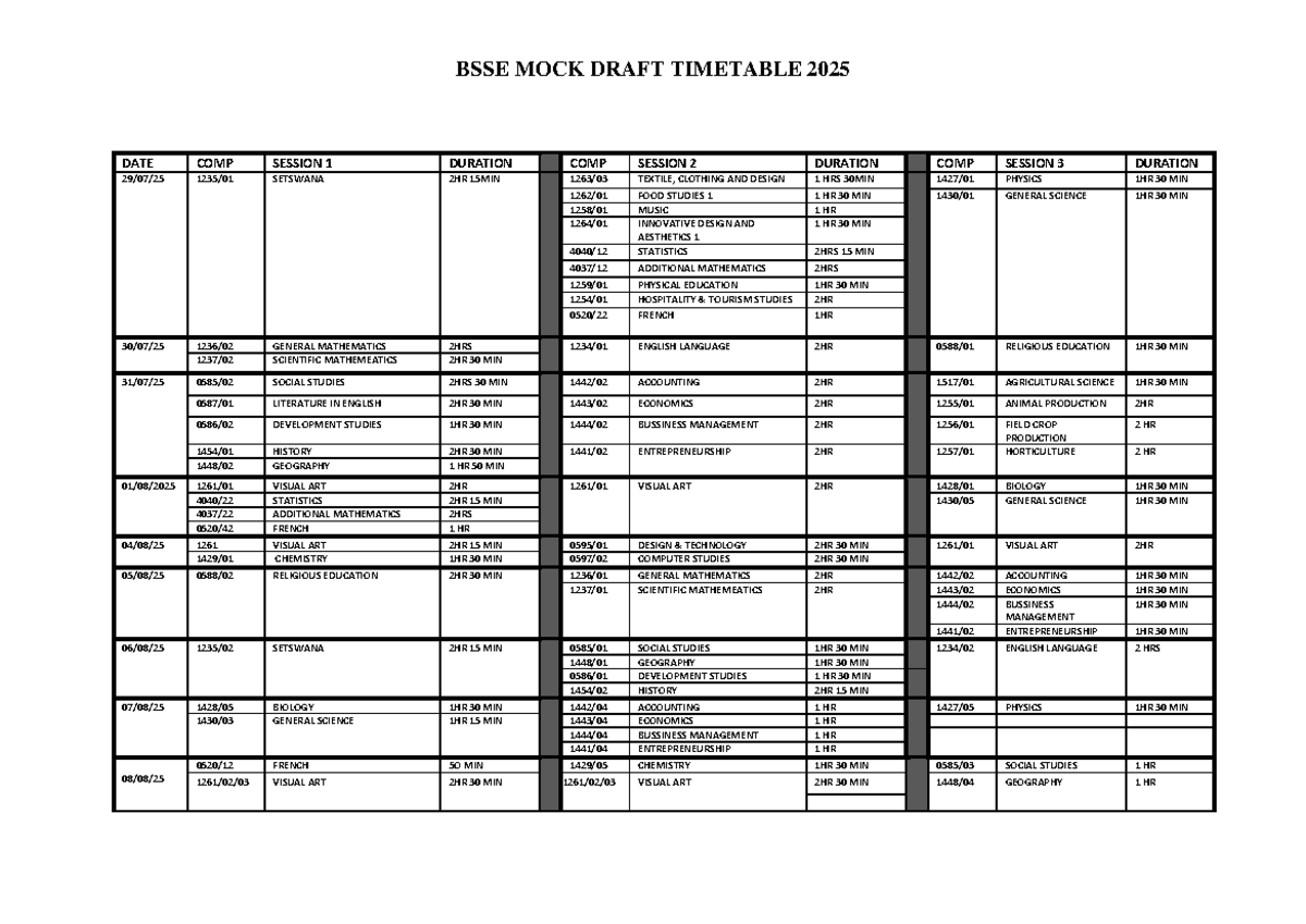 BSSE & BGCSE MOCK Exam Draft Timetable 2025 - Studocu