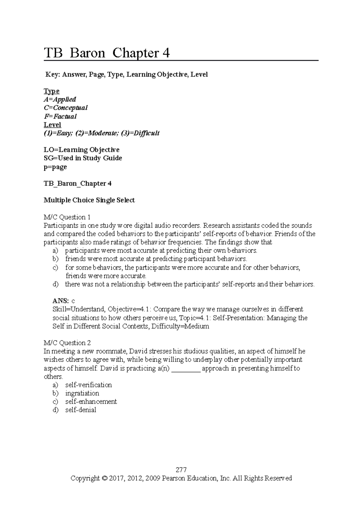 Test Bank for Baron - Chapter 4: Self-Understanding and Social ...