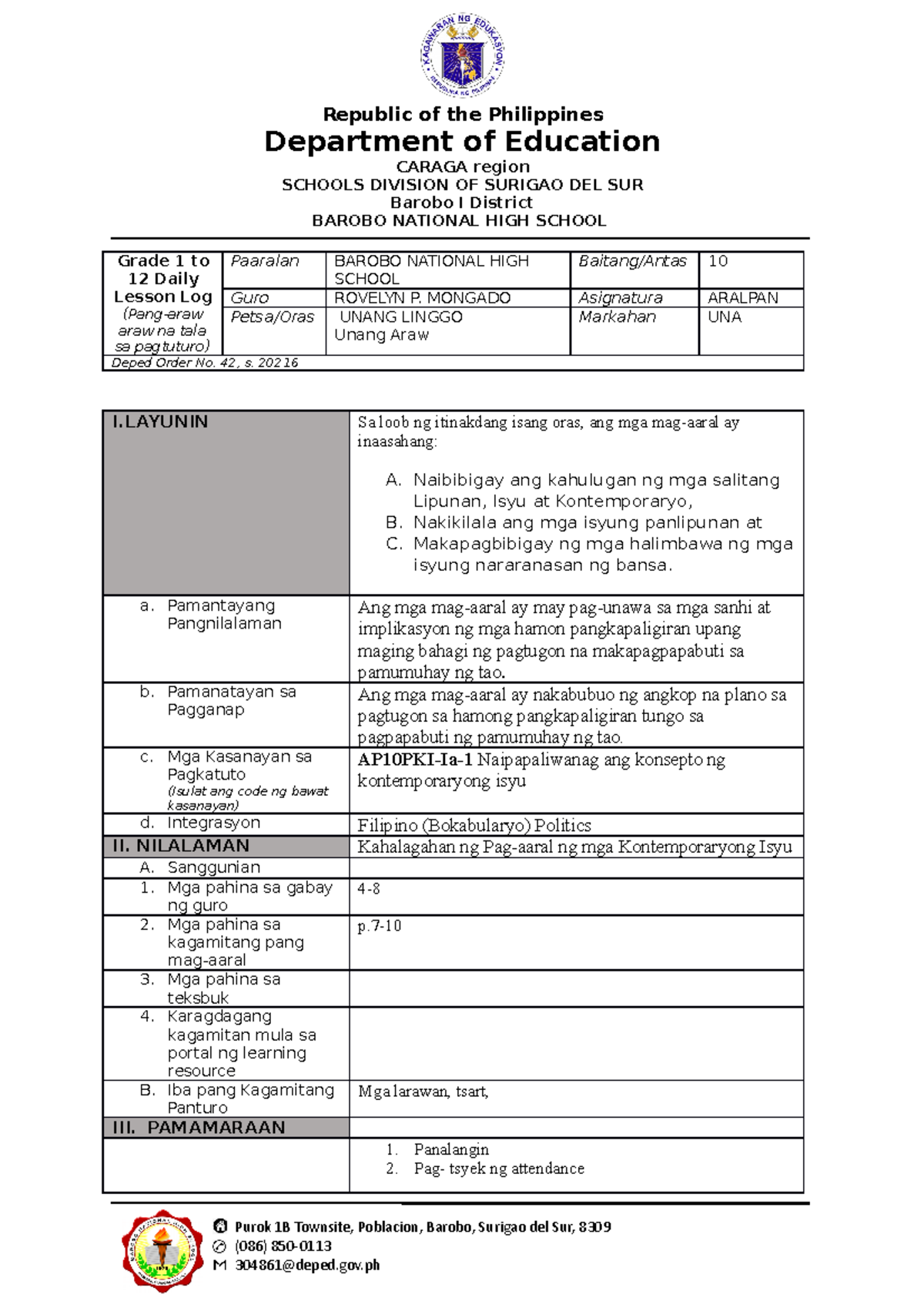 Kontemporaryong Isyu Grade 10 Aralpan Lesson Plan Unang Araw - Studocu