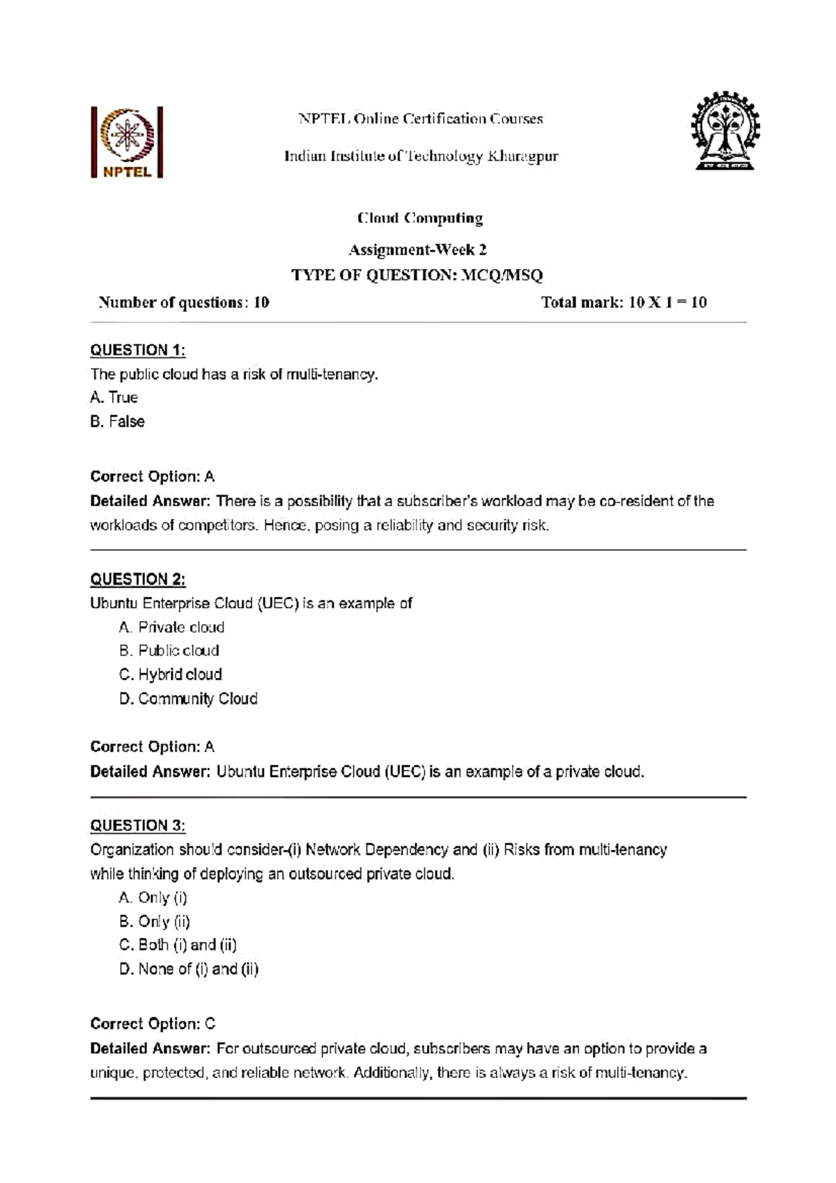 NPTEL Cloud Computing Week 2 Answers - IIT Kharagpur Quiz - Studocu