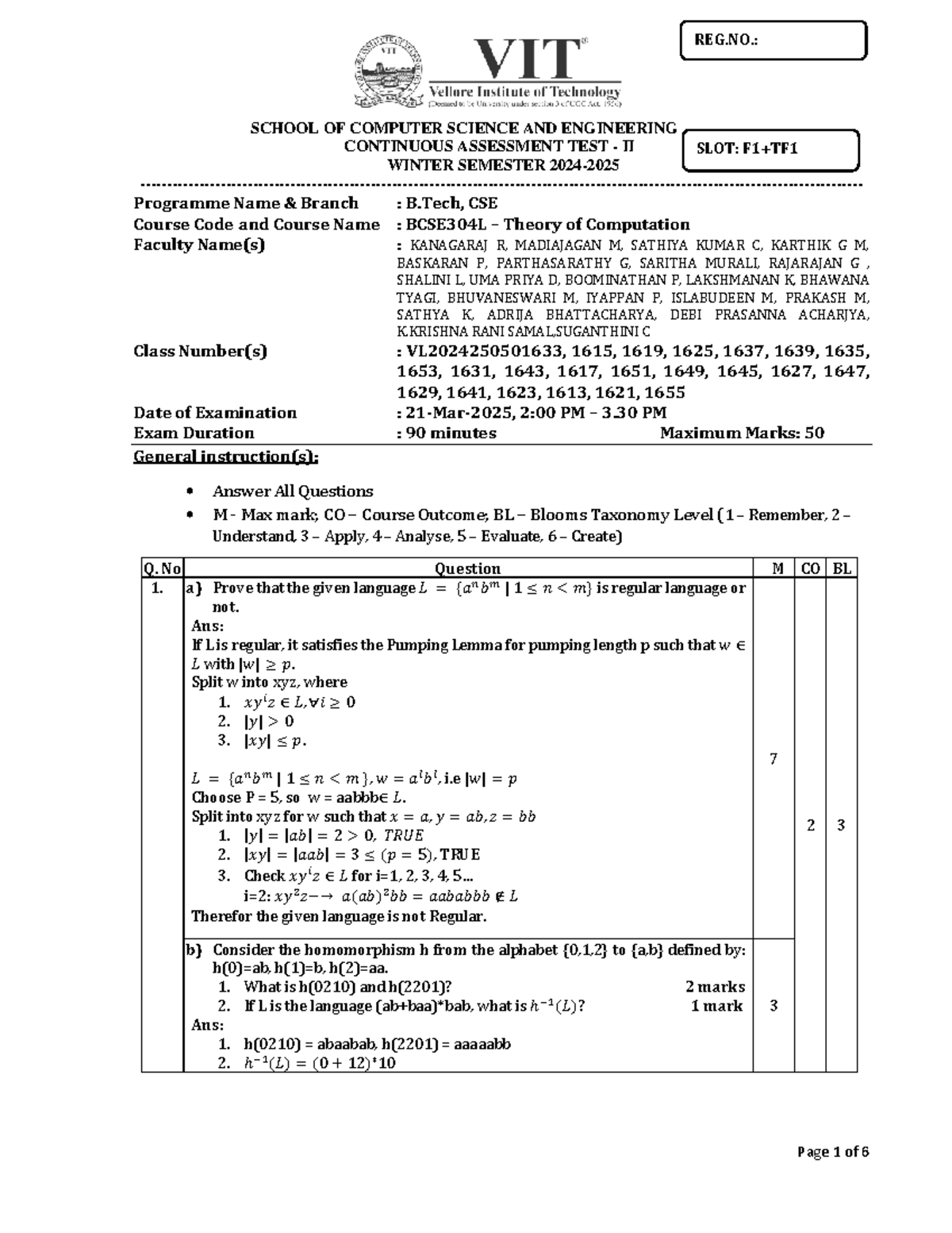 Winsem 2024-25 BCSE304L CAT II Theory of Computation Question Paper ...