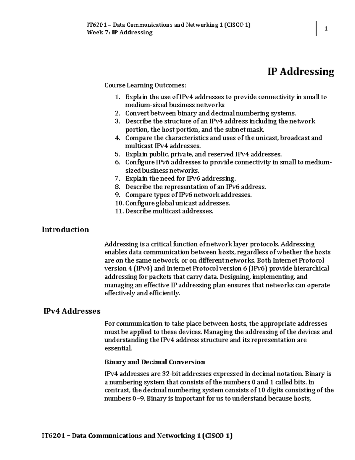 IT6201 Data Communications & Networking 1 (CISCO 1) Week 7: IP ...