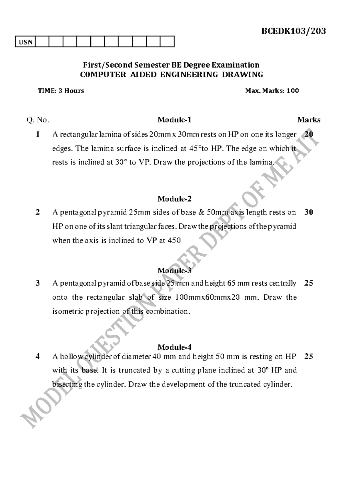 BCEDK 103 Computer-Aided Engineering Drawing Model QP - 2023 - Studocu