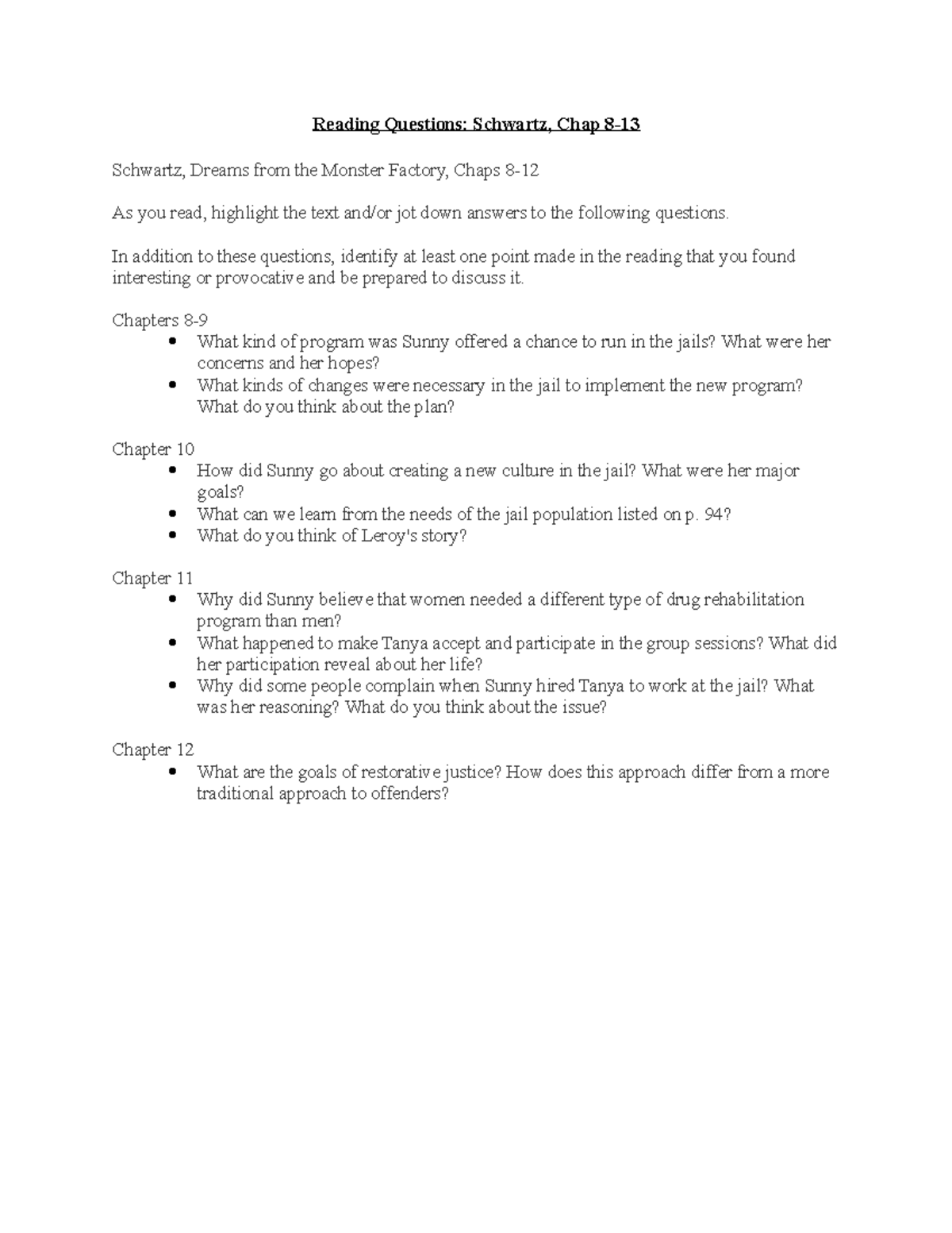 Schwartz, Chaps 8-13 - Reading Questions & Discussion Points - Studocu