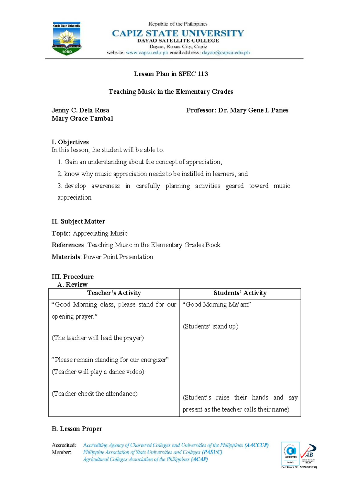 Lesson Plan: Music Appreciation in SPEC 113 - Studocu