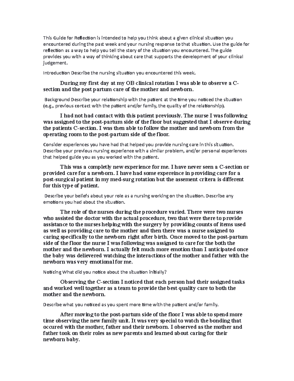 Reflection on Clinical Experience: OB C-Section & Postpartum Care - Studocu