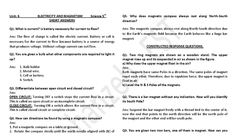 Sciencw 5th new book notes unit 6 to 10 - Unit: 6 ELECTRICITY AND ...