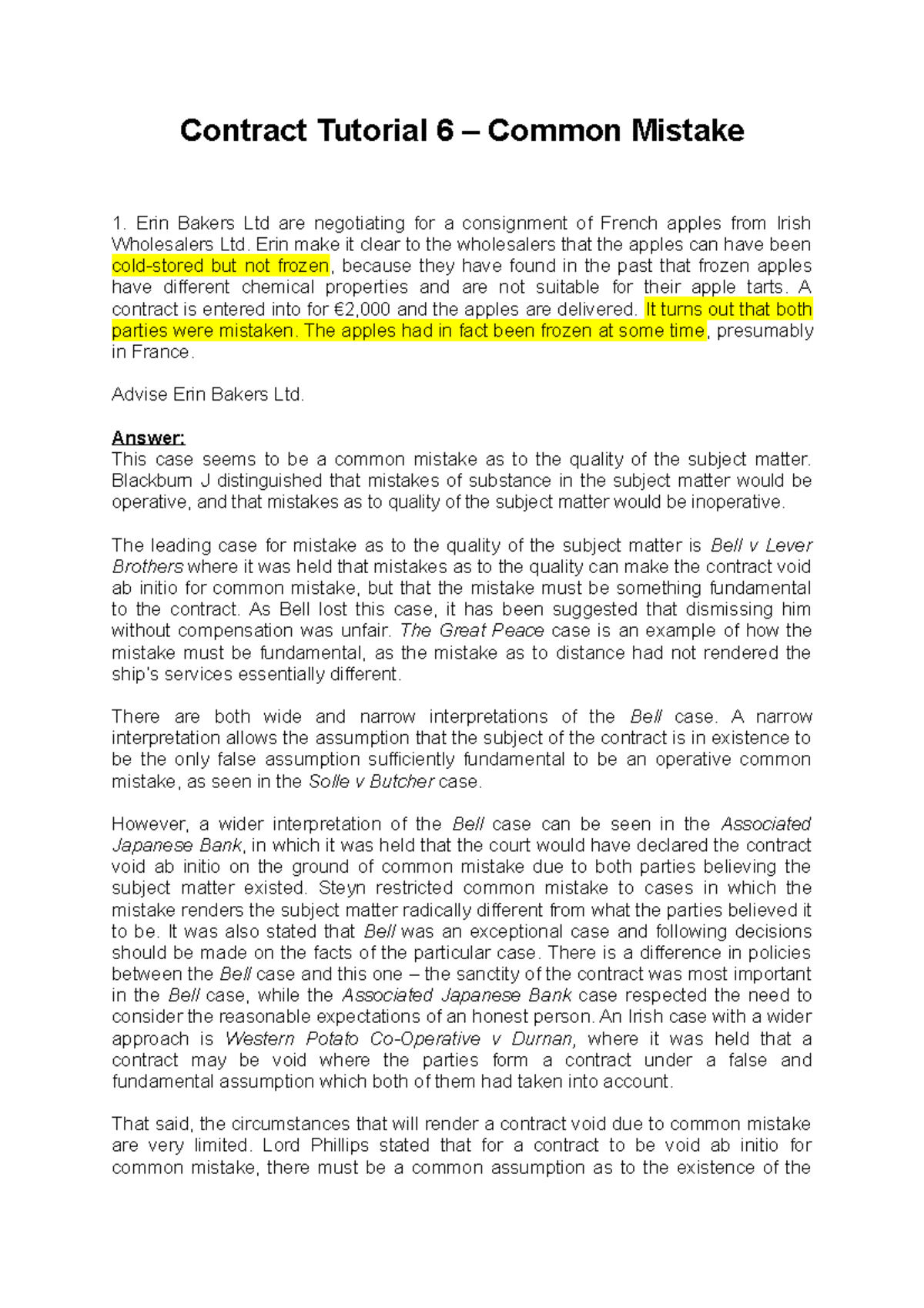 Contract Tutorial 6: Analyzing Common Mistakes in Contract Law - Studocu