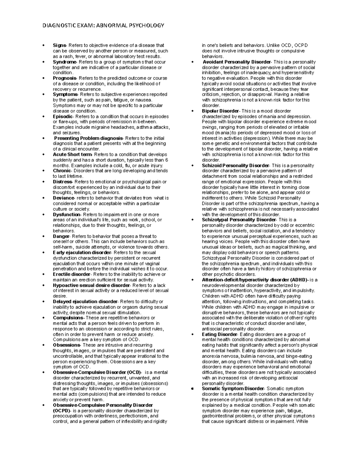 Abnormal Psychology Diagnostic Exam Guide: Key Definitions & Concepts ...