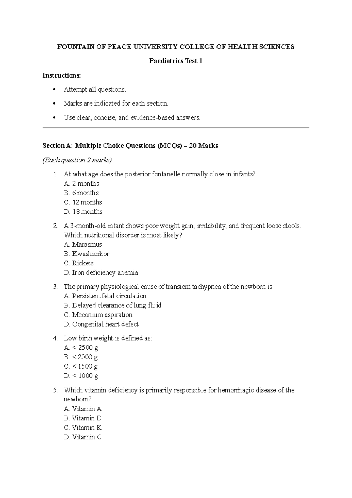 Paeds Test 1: Comprehensive Assessment in Paediatrics - Studocu