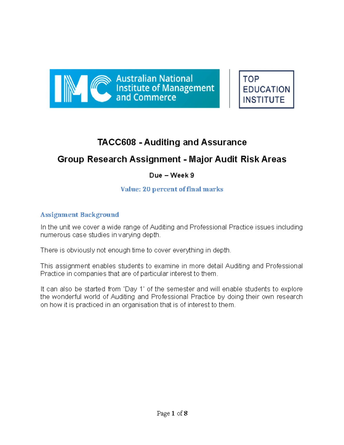 TACC608 Auditing & Assurance - Group Research on Major Audit Risks ...