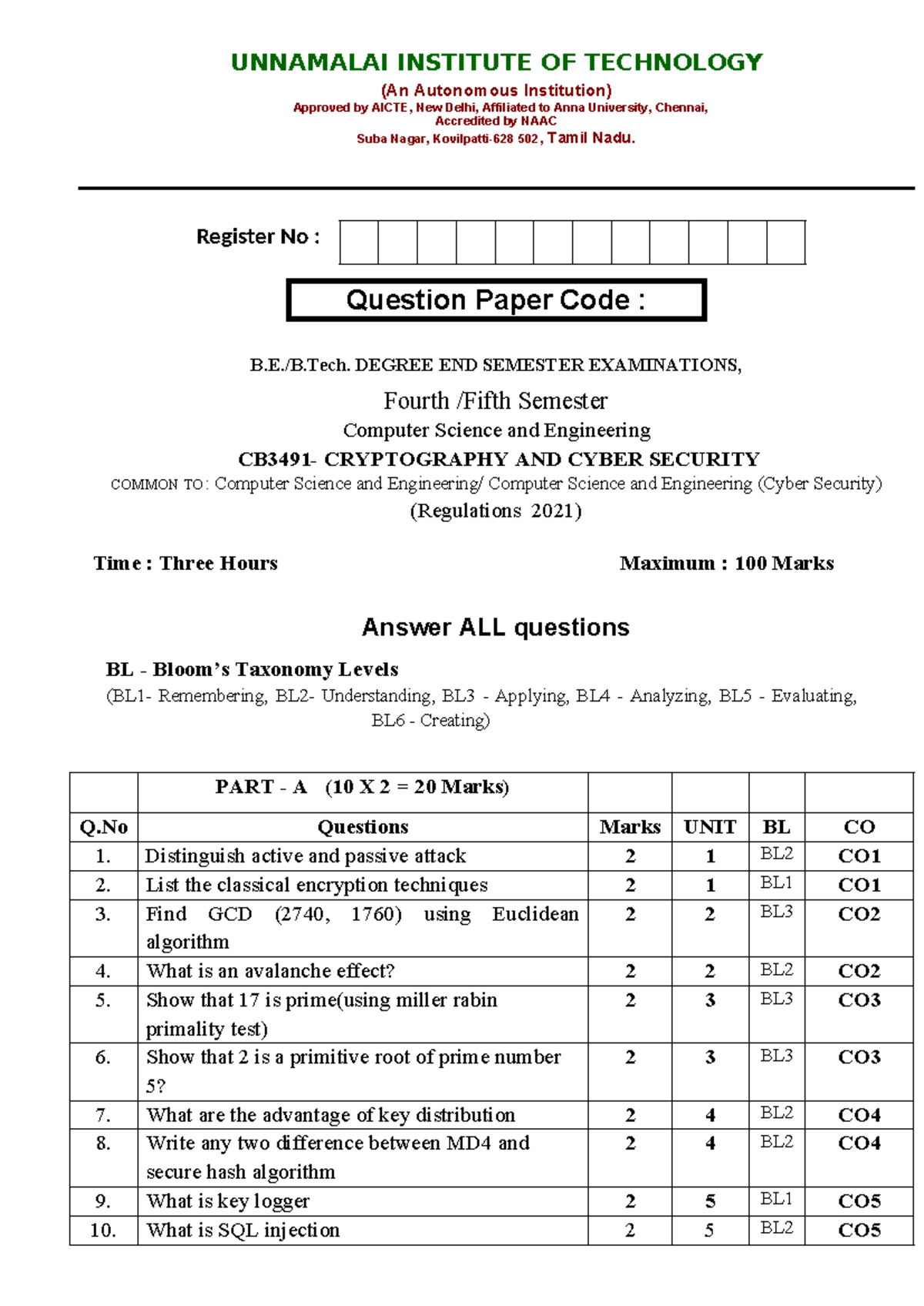 CB3491 Final Exam Question Paper: Cryptography and Cyber Security - Studocu