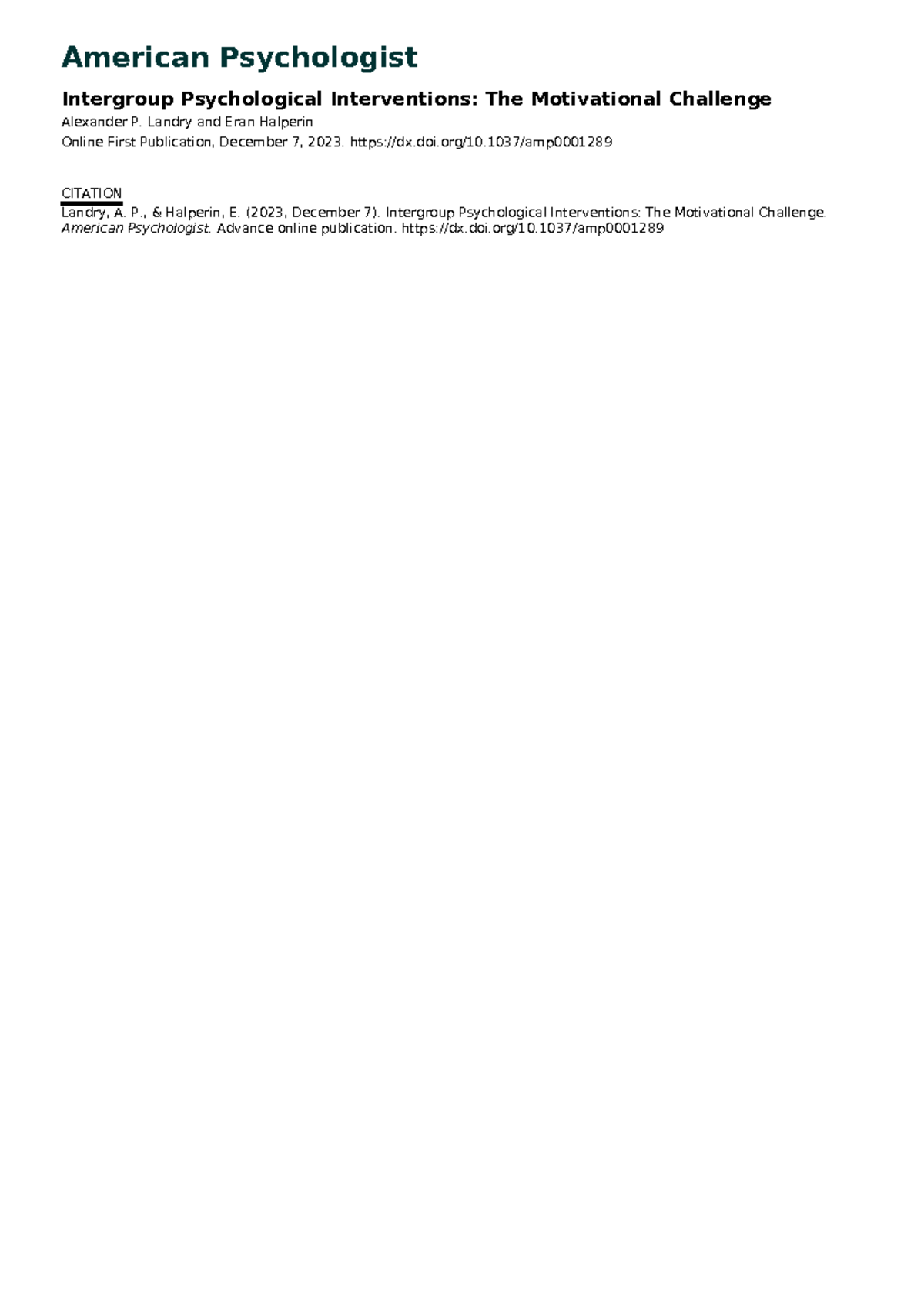 Intergroup Psychological Interventions: Overcoming Motivation Barriers ...