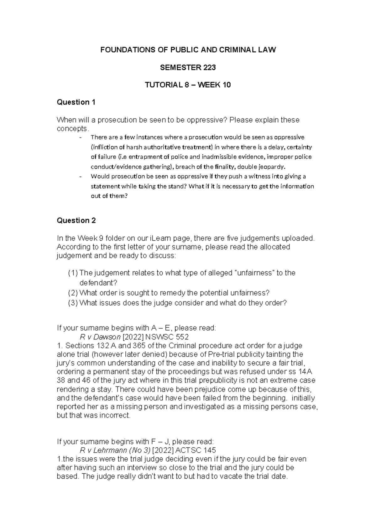 Tutorial 8 - right to a fair trial - FOUNDATIONS OF PUBLIC AND CRIMINAL ...
