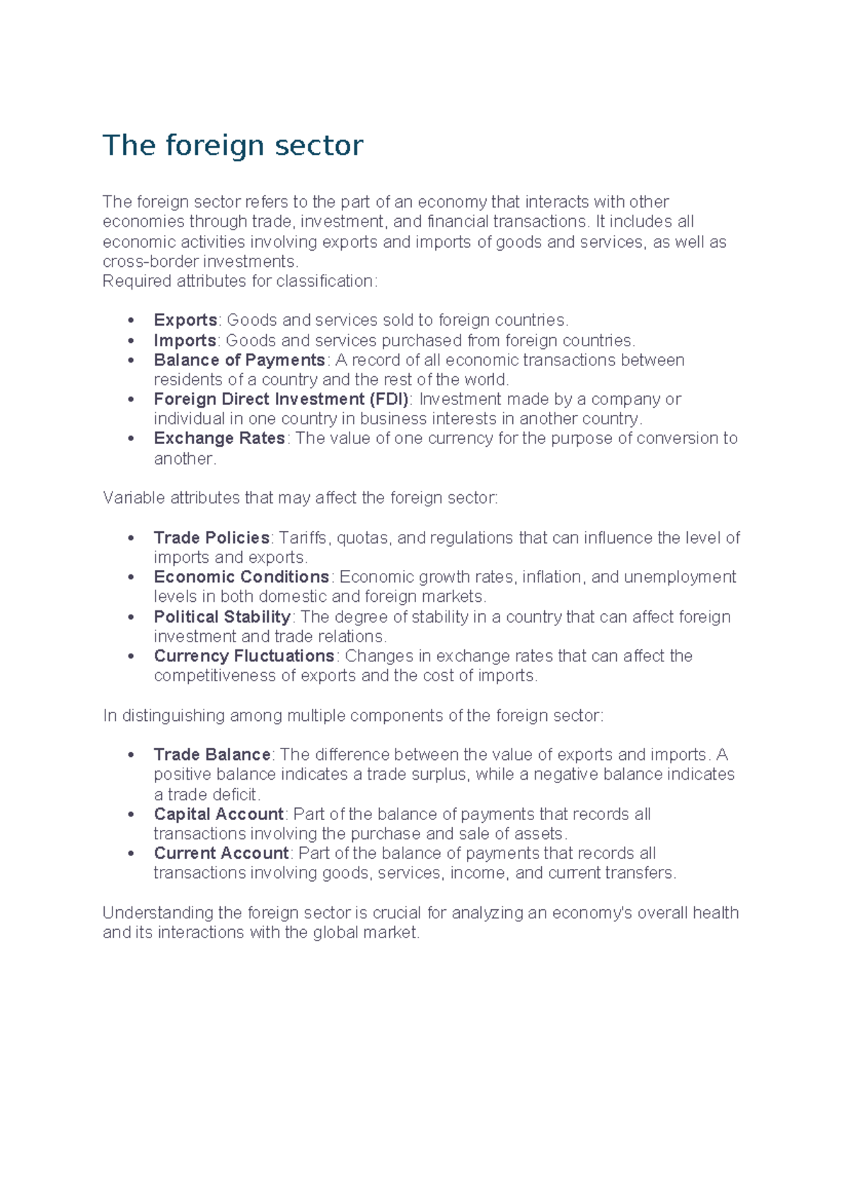 The Foreign Sector: Key Concepts and Economic Interactions - Studocu