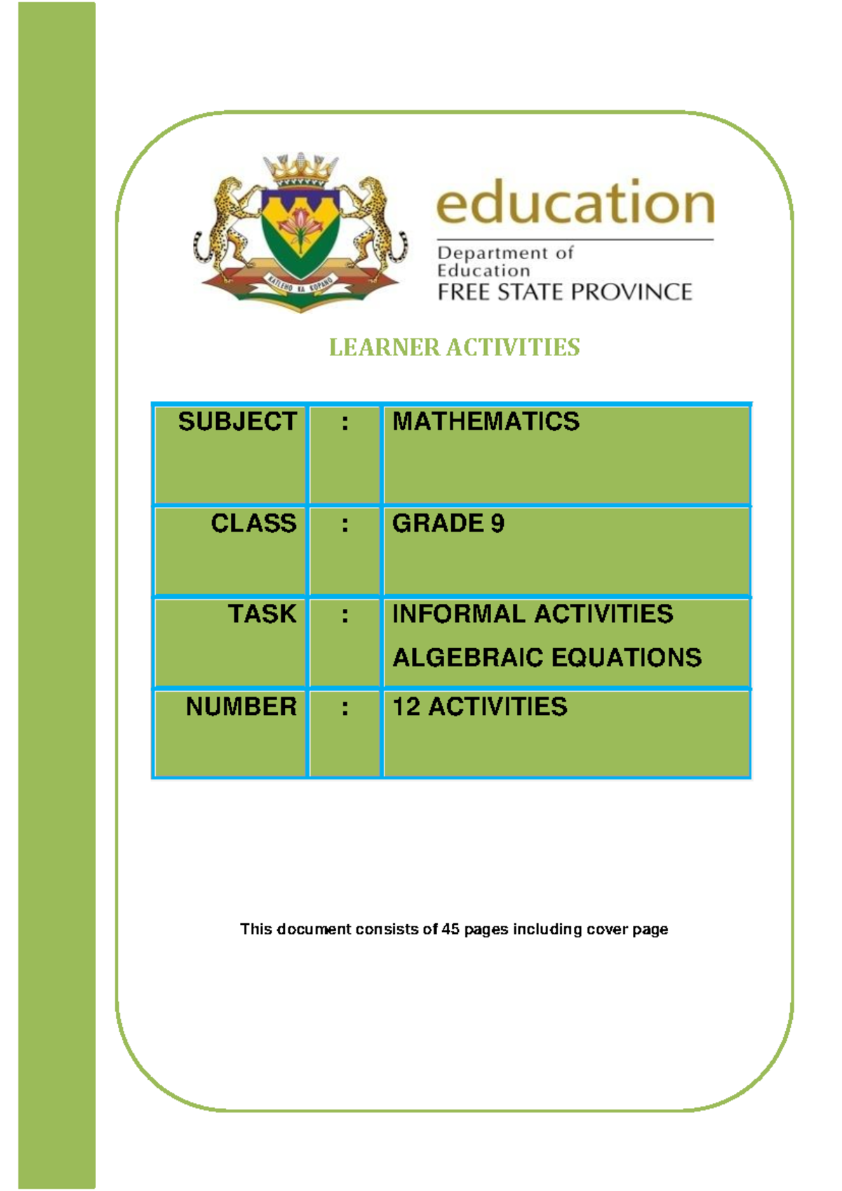 G9 FS Informal Activities: Algebraic Equations Classwork & Homework ...