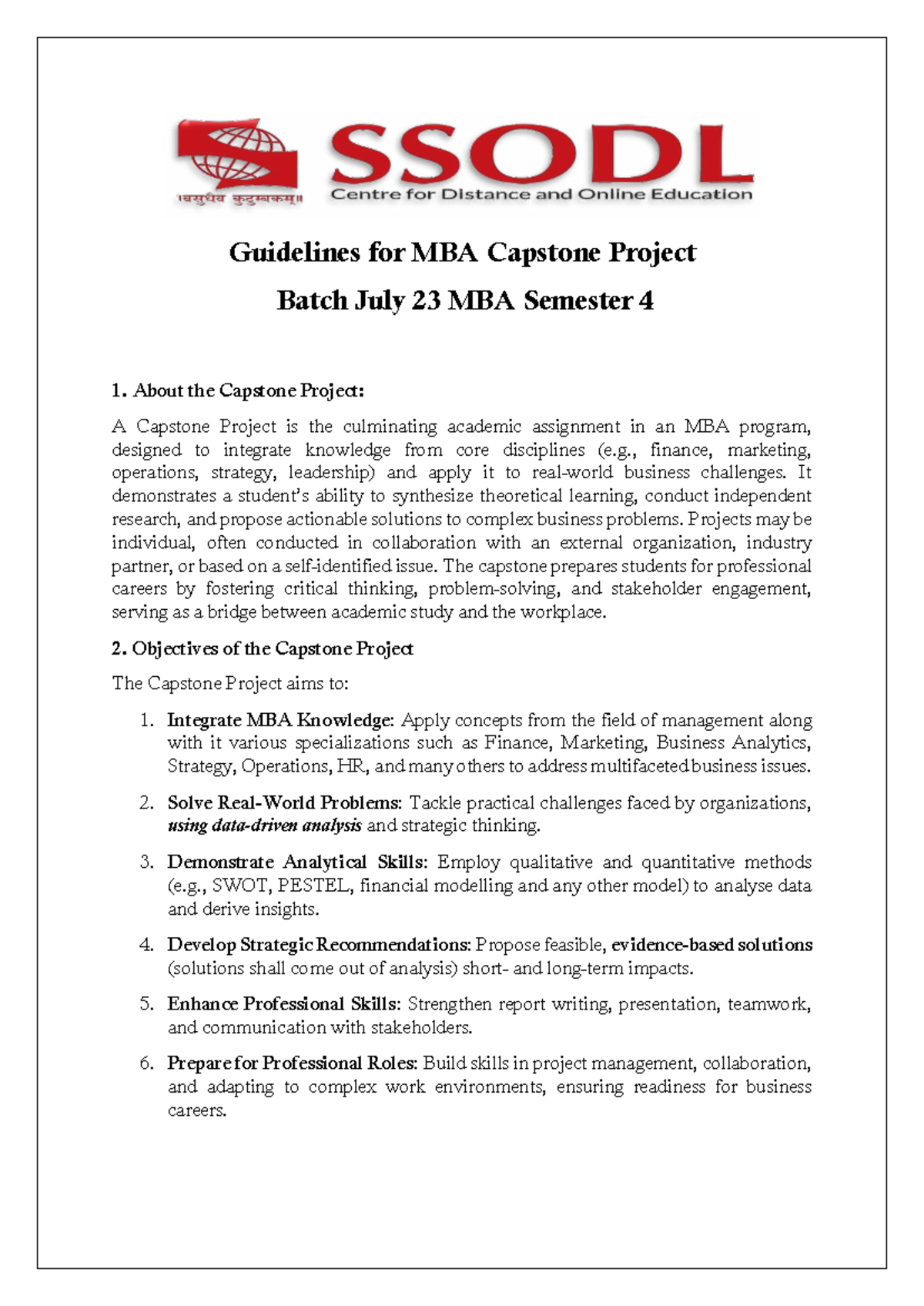 MBA SEM 4 Capstone Project Guidelines for Batch July 23 - Studocu