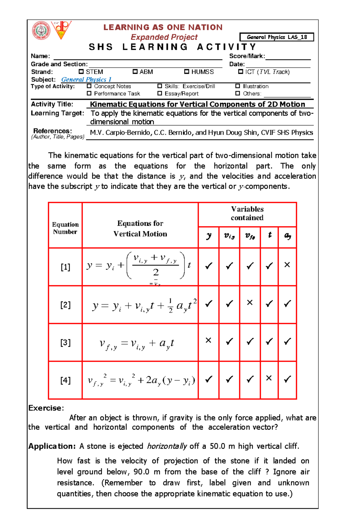 Gen Physics 1 LAS 18 Kinematic Equations for Vertical Components of 2D ...
