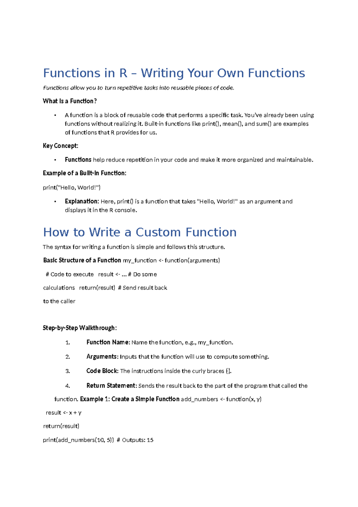 R Functions: Writing Custom Functions for Reusability - Studocu