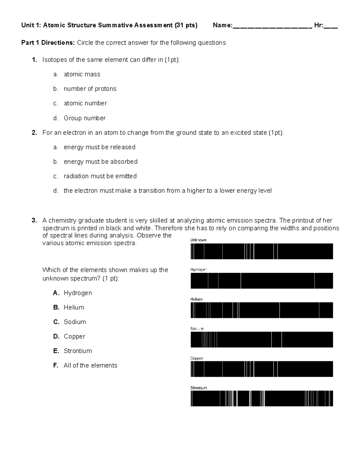 Unit 1 Exam: Summative Assessment on Atomic Structure (31 pts) - Studocu